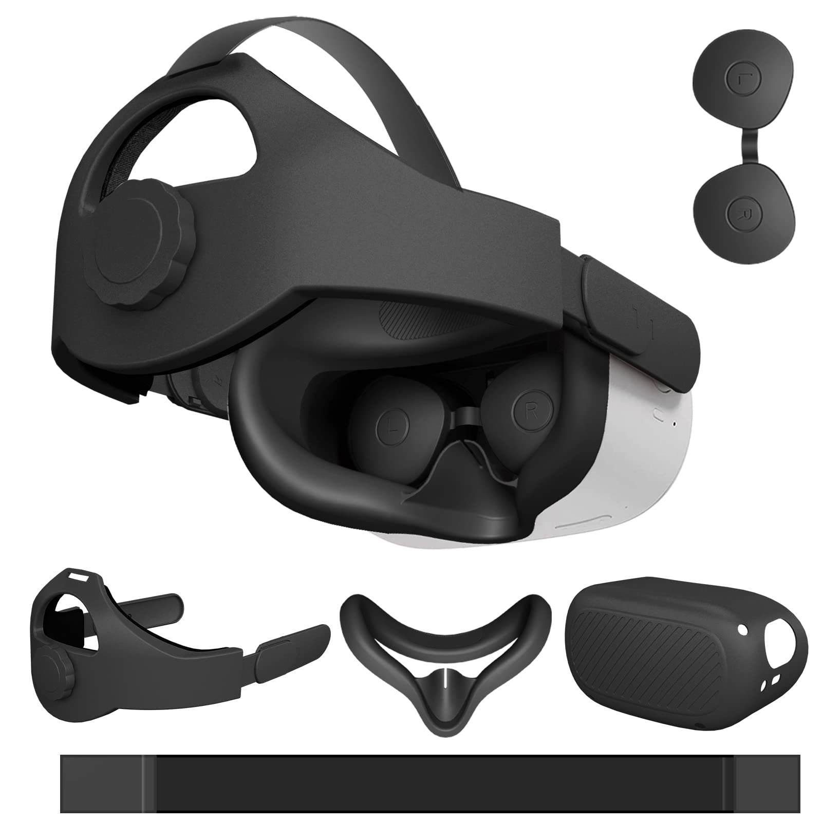 SUIHUOJI for VR Oculus Quest 2 Elite Head Strap Replacement, 5 in 1 Silicone Accessories Kits, Lens Protective Cover/Silicone Face Pad Cover/VR Shell Protector Cover for Quest 2 Headset (Black)