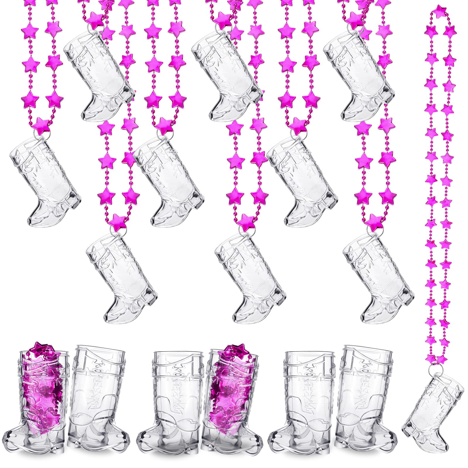 Sureio 12 Sets Cowgirl Boot Shot Glass on Beaded Necklace Decor Plastic Mini Boot Shot Necklace Cups Rose Red Bachelorette Party Boot Shot Glasses Necklace for Bride Birthday Wedding Cowgirl