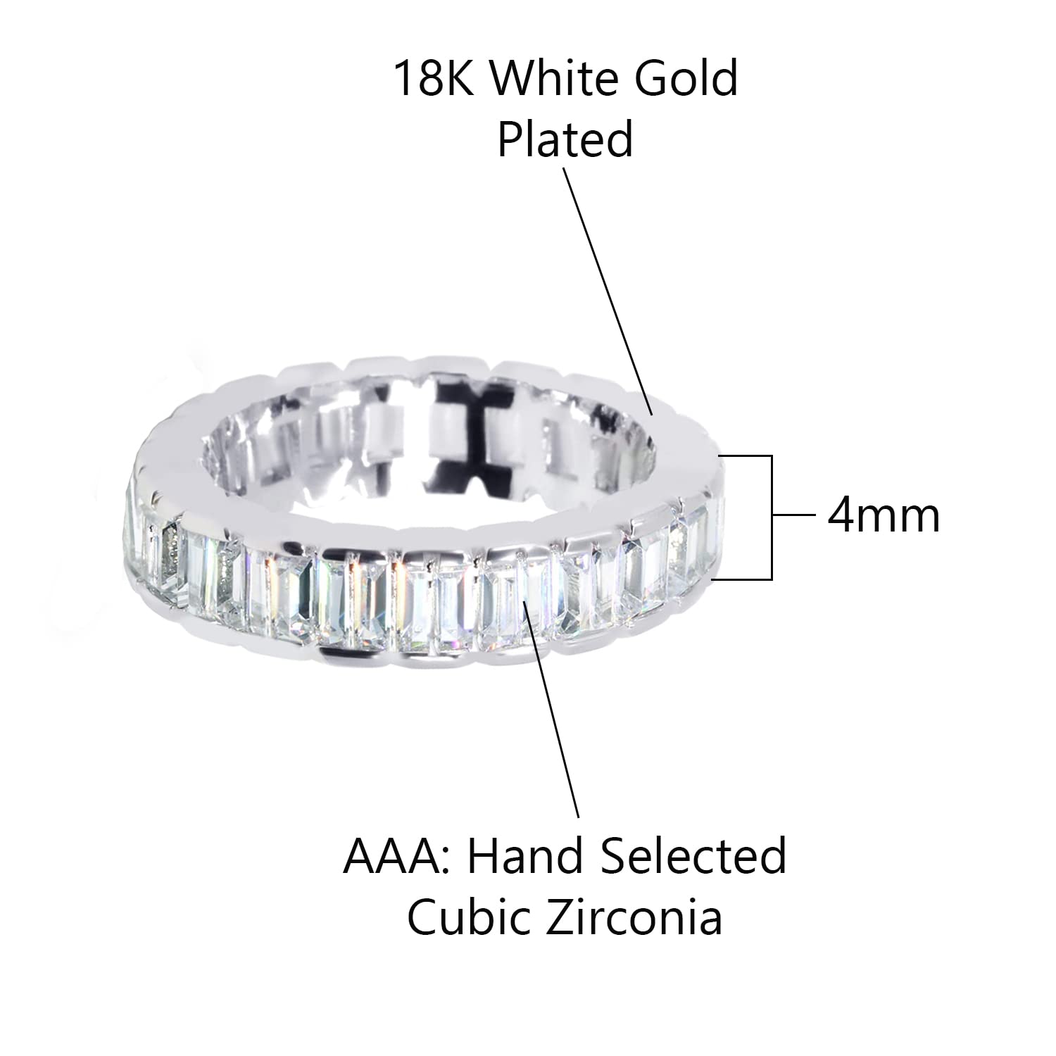 Savlano 18K White Gold Plated Cubic Zirconia Emerald Cut Eternity Ring Band for Women Men (8)