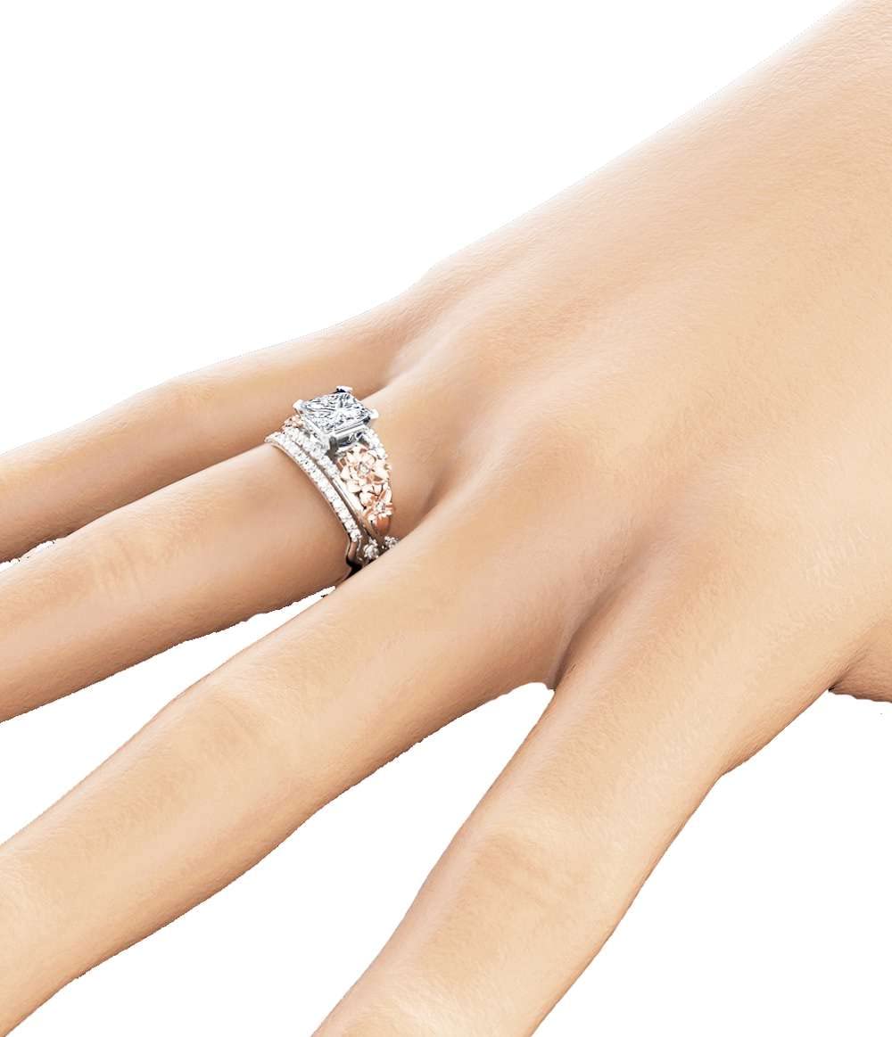 Sunargi 3 Ct Princess Cut White Diamond Two Tone Floral Wedding Engagement Ring Set with Matching Band for Unisex 925 Sterling Silver White & Rose Gold Finish (Silver, 7.5)