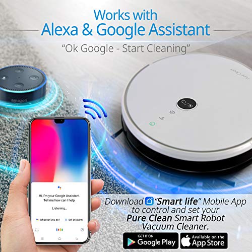 Pure Clean Robotic Vacuum Cleaner - 1100Pa Suction - Wifi Mobile App and Gyroscope Mapping - Ultra Thin 2.9β Height Cleans Carpets and Hardwood Floor - PUCRC455