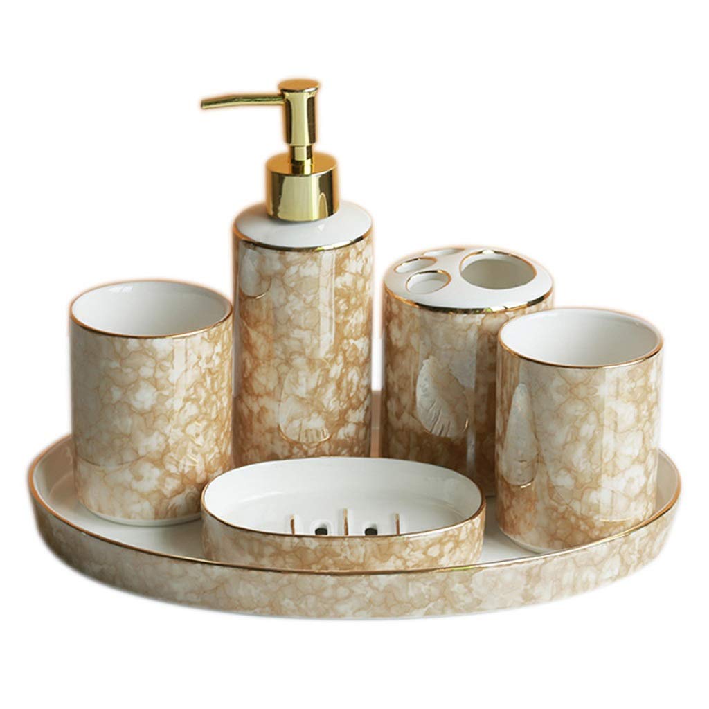 Soap Dispenser Creative Home 6-Piece Accessories Set Including Soap Soap Dispenser Toothbrush Holder Soap Dish Mug and Ceramic Practical Tray Fashion Home Decoration Gift Soap Dispen (Brown B)