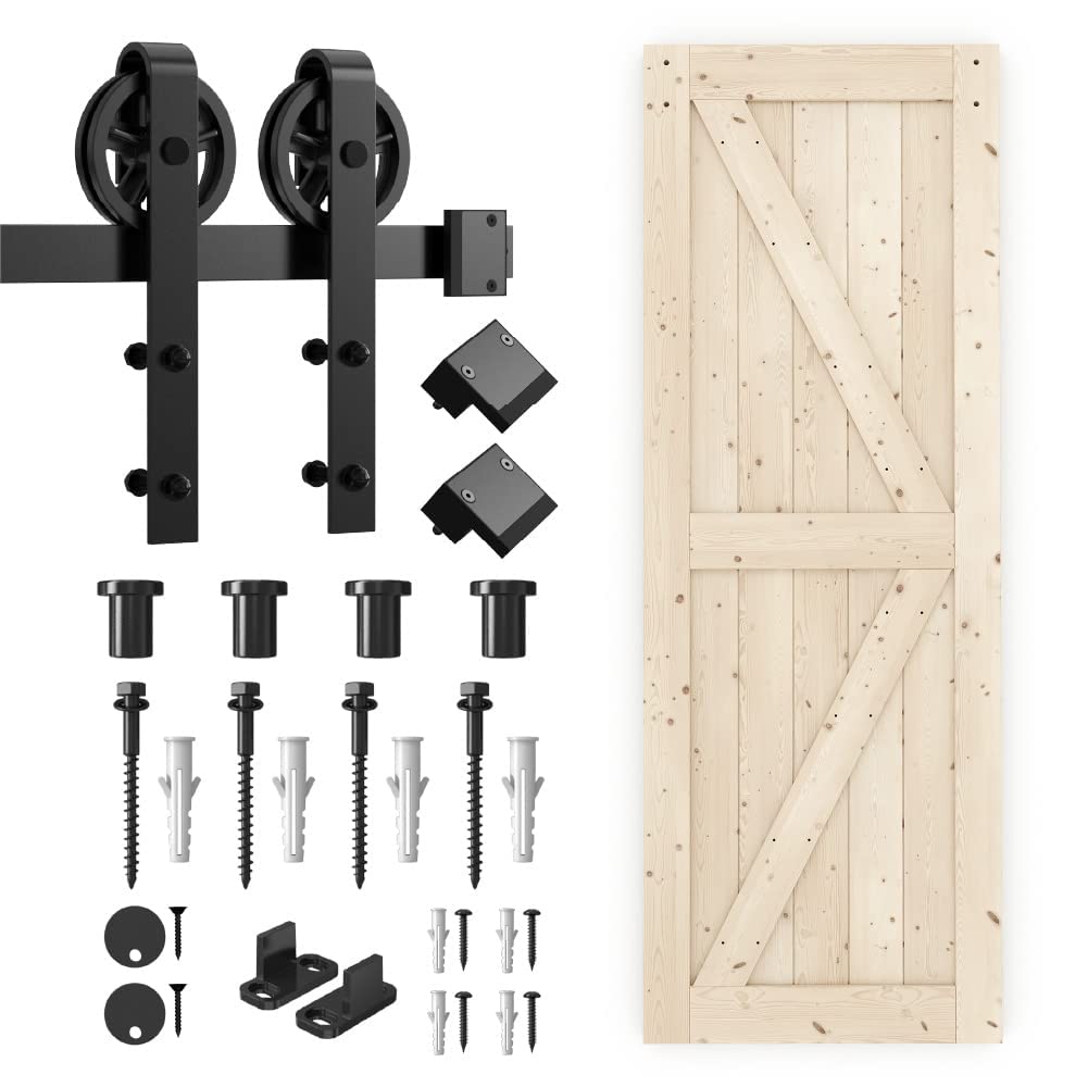 WINSOON 5FT Black Straight Design Sliding Roller Barn Single Wood Door Hardware Closet Track Kit with 30in x 84 in Sliding Barn Door