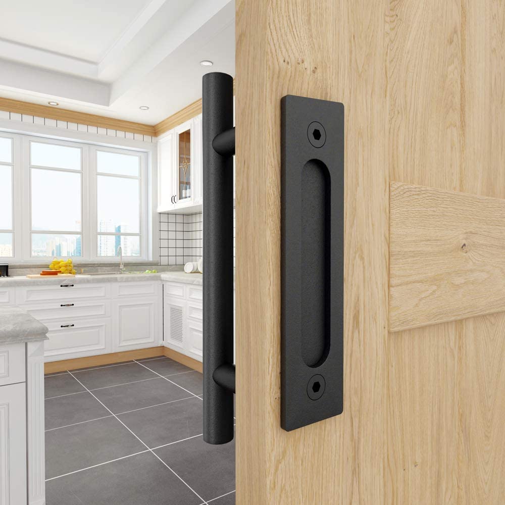WINSOON 5FT Sliding Barn Wood Door Hardware Cabinet Closet Kit with 2PCS 12 Inch Sliding Barn Door Handles Black Hardware with Pull and Flush Barn Door Handle Set