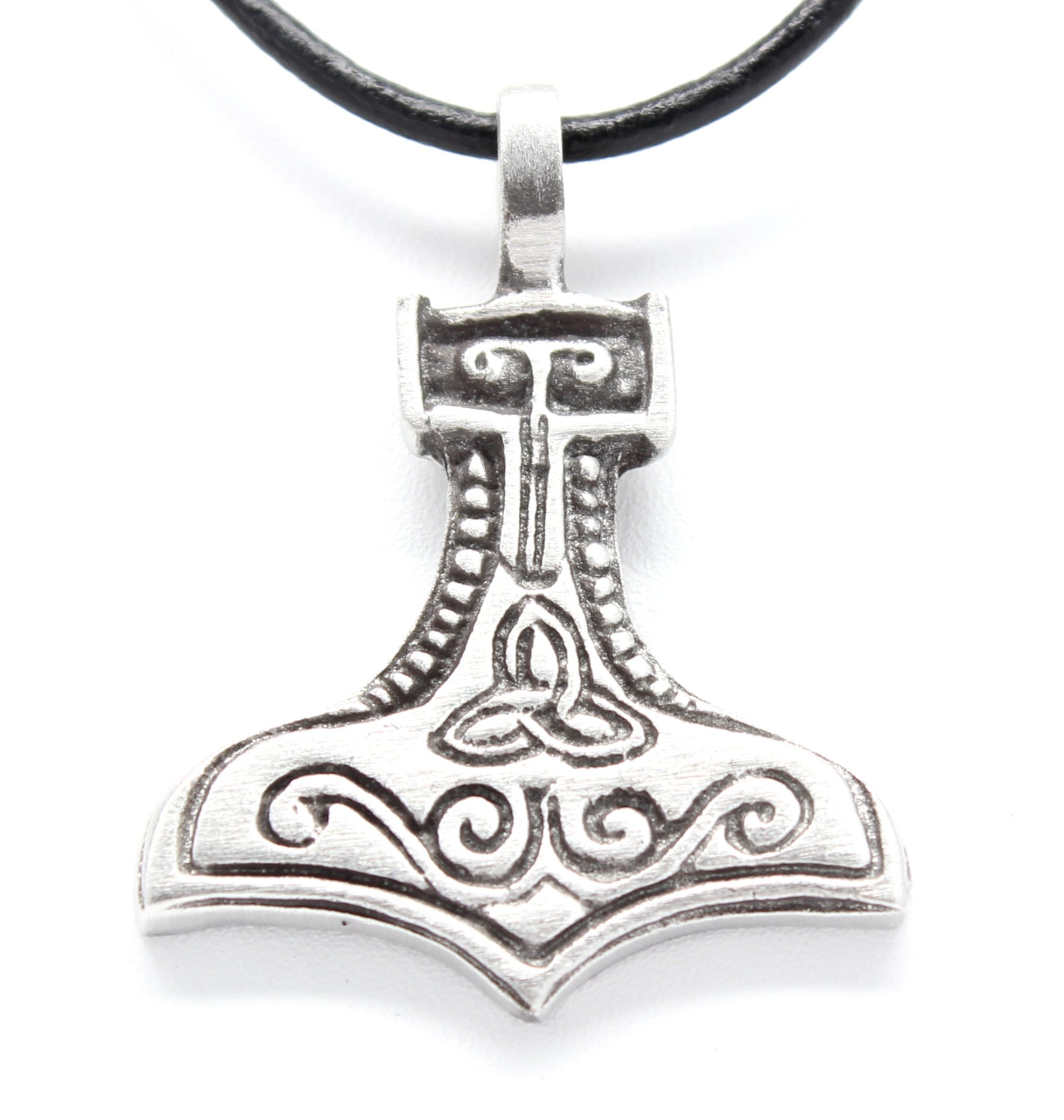 Pewter Thor's Hammer with Triquetra Mjolnir Viking Pendant, Leather Necklace