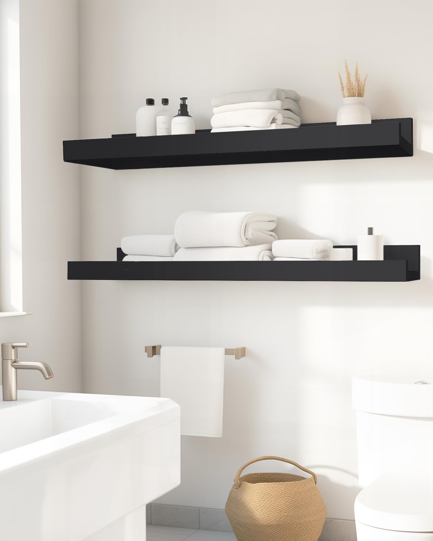 MIRROTOWEL Small 16” Floating Shelves for Wall Décor Storage, Set of 2, Wood for Bedroom, Living Room, Bathroom, Kitchen, Picture Ledge and Farmhouse（Black）
