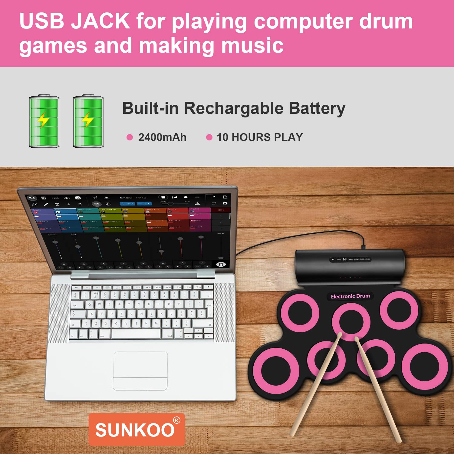 SUNKOO Electronic Drum Set for Kids, Adult Beginner Pro MIDI Drum Kit, Roll Up Practice Pad Kit with Headphone Jack, Built-in Speaker, Drum Pedals, Drum Sticks, Great Holiday Birthday Gift for Kids