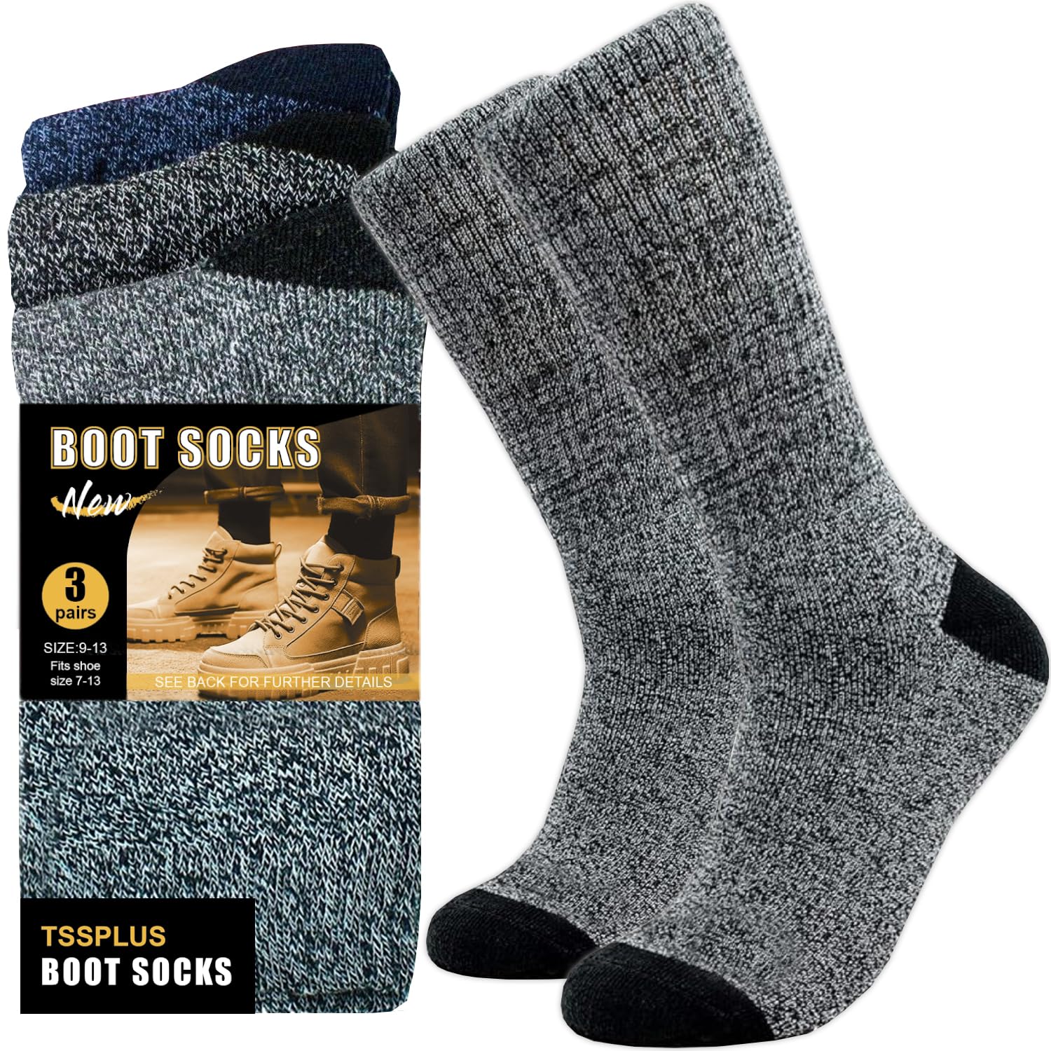 TSSPLUS Mens Winter Thermal Warm Heavy Duty Cotton Crew Work Boots Socks 9-13 (6-PAIRS)