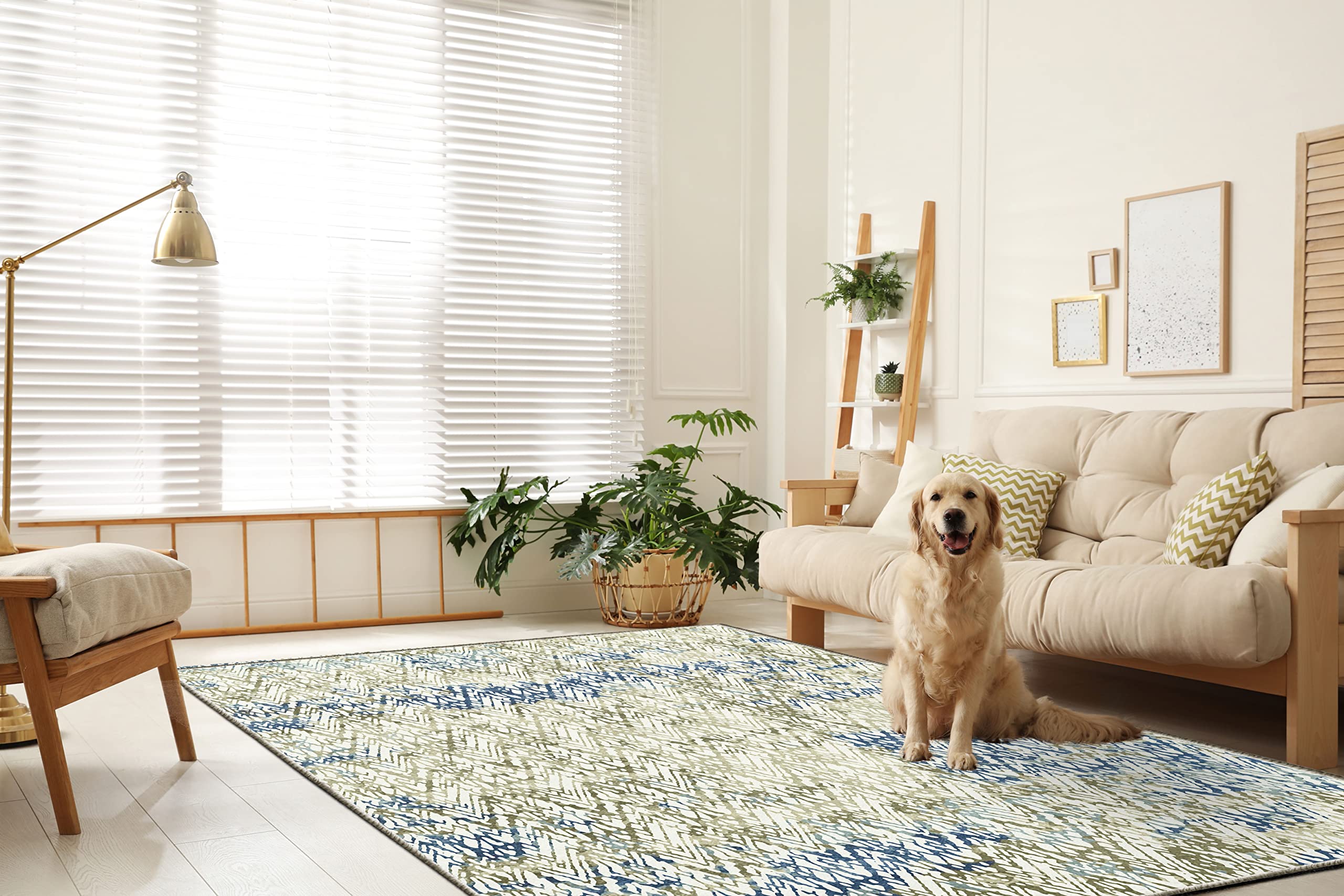 Modern Abstract Area Rug Beige Blue Geometric Distressed Comfort Bedside Rugs Stain Shedding Resistant Large Floor Carpet for Living Room Dining Bedroom,Machine Washable,8x10 Feet,Rectangle