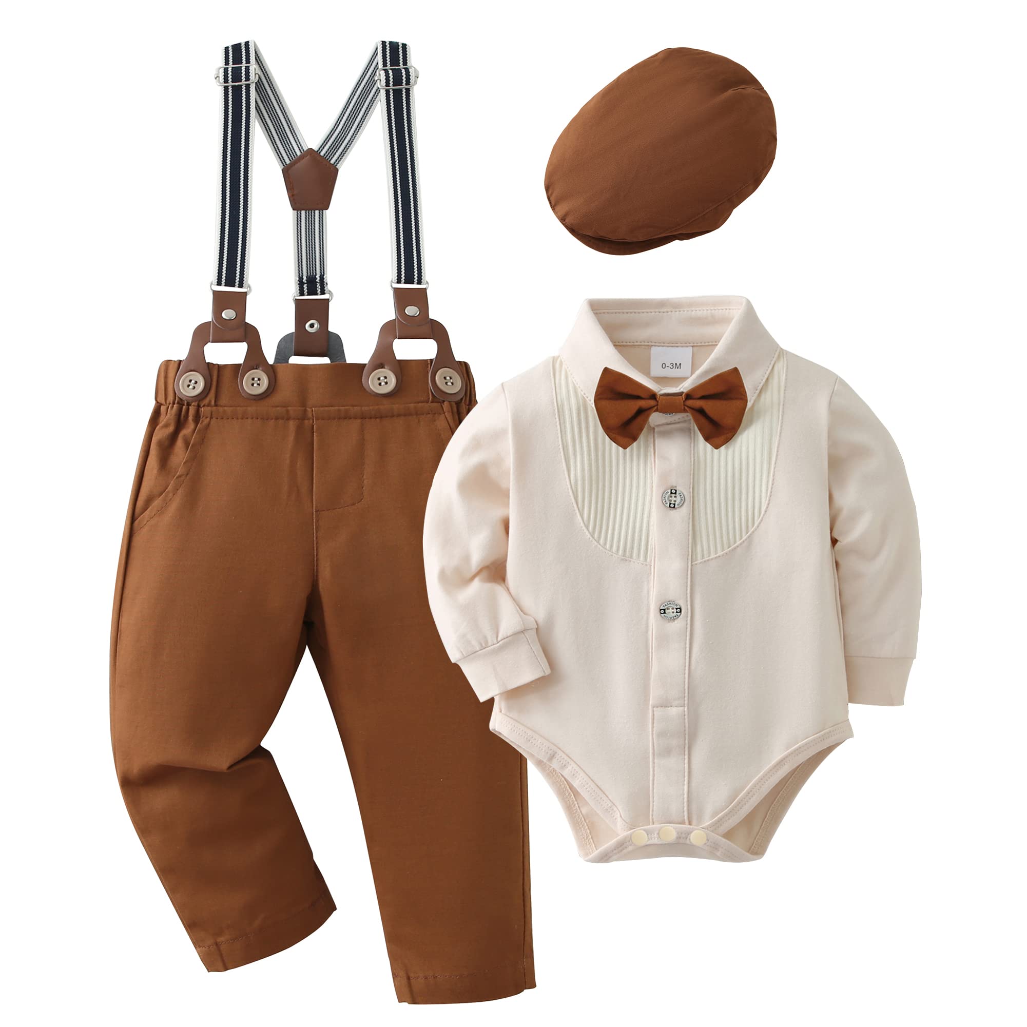 YUEMION Baby Boy Clothes Set Infant Tuxedo Long Sleeve Gentleman Suit Outfits + Beret Hat + Suspender Pants + Bowtie(L Beige - long sleeve, 6-12 Months)