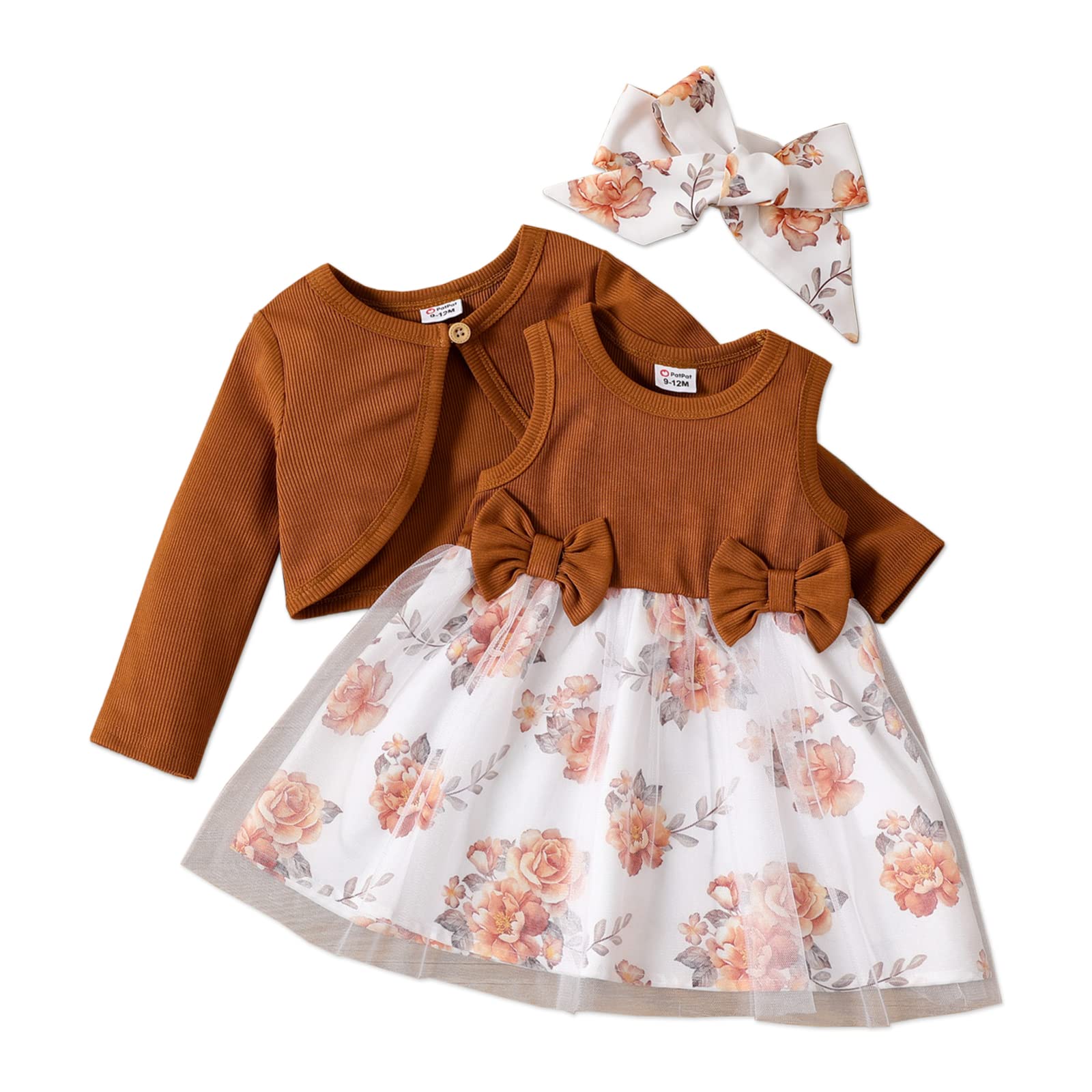 PATPAT Baby Girl Knit Spliced Floral Mesh Brown Dress and Long-Sleeve Cardigan with Headband 3pcs Set 3-6 Months