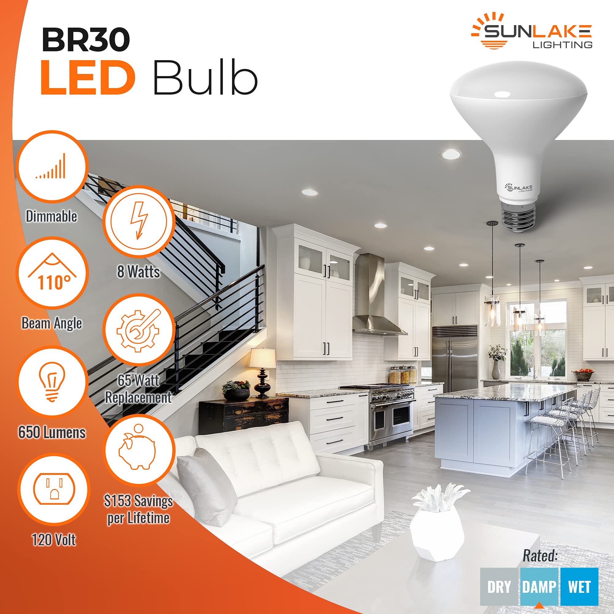 SunLake 12 Pack BR30 led Flood Light Bulbs 8 Watt (65 Watt Equivalent), Dimmable Recessed Led Can Light Bulbs 5000K Daylight, E26 Base, Energy Efficient- UL & Energy Star