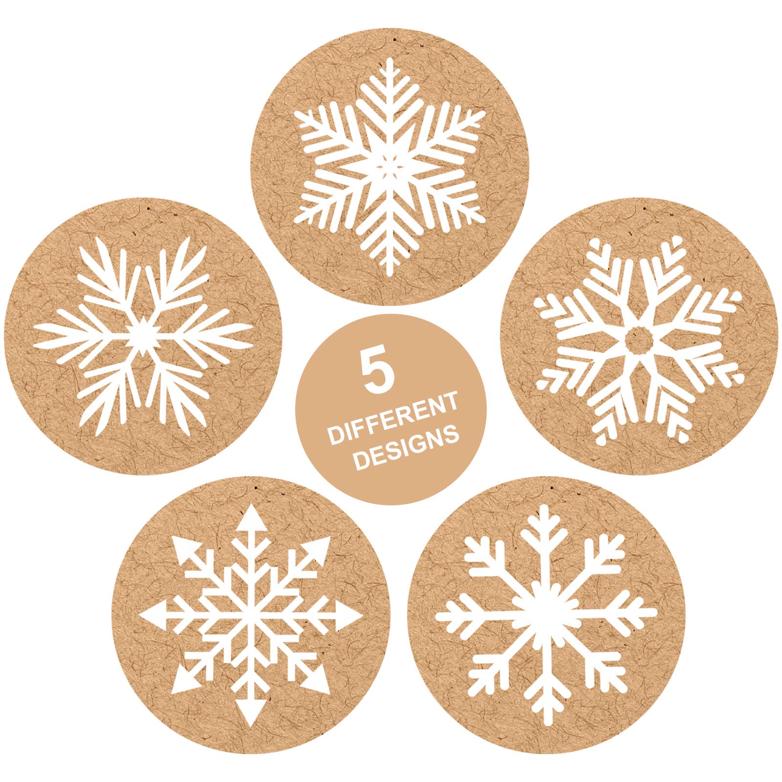 Outus 1000 Pieces Multiple Snowflakes Christmas Stickers Natural Kraft White Snowflake Stickers Seal Snowflake Label for Bags Envelopes Bubble Mailers, 5 Designs