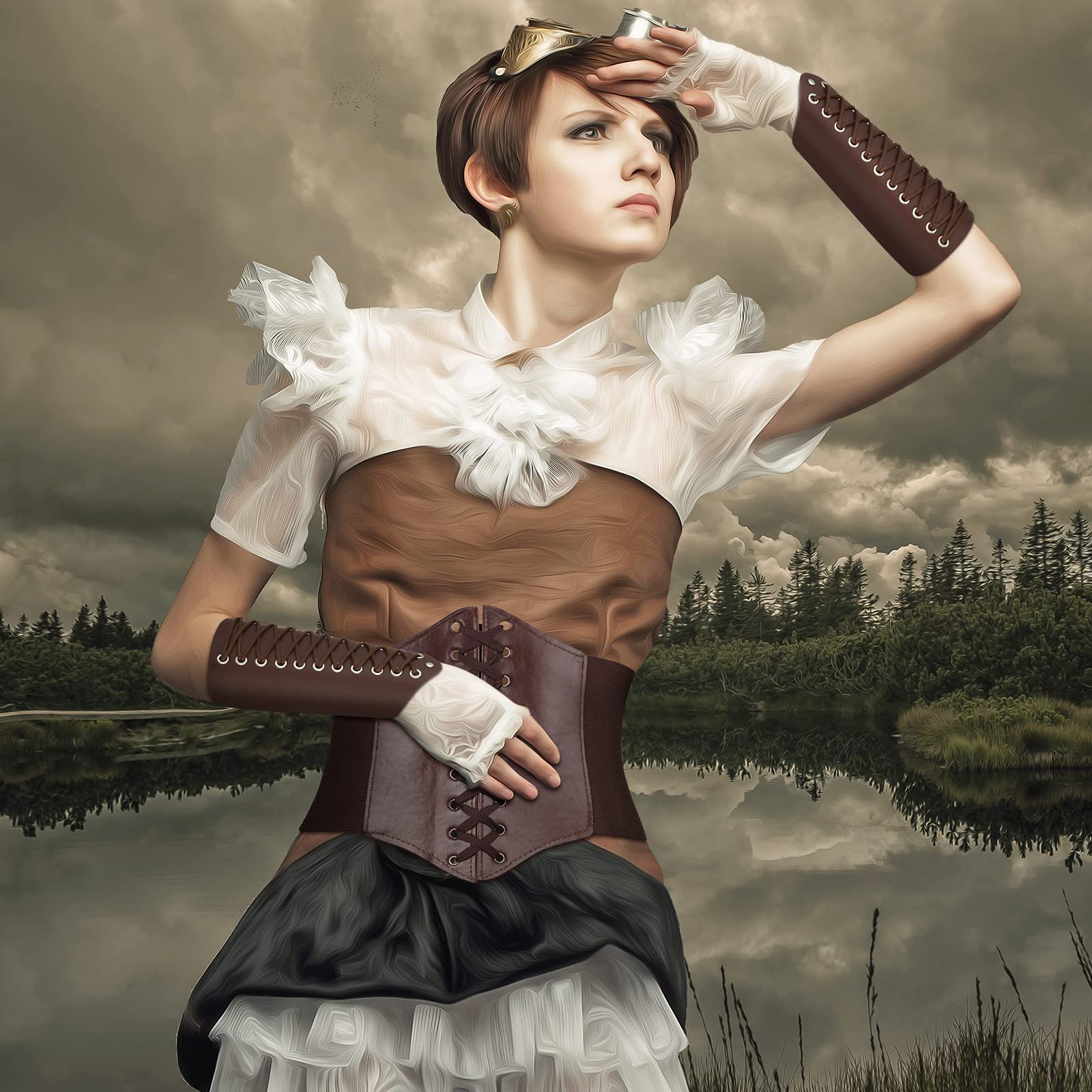 SATINIOR 3 Pieces Women Renaissance Corset Belts with Leather Gauntlets Stretch Elastic Belt for Halloween Women Costume(Brown,Medium)