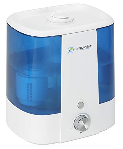 Pure Guardian H1175FL Ultrasonic Cool Mist Humidifier, 90 Hrs. Run Time, 1.5 Gal. Tank Capacity, 390 Sq. Ft. Coverage, Medium Rooms, Quiet, Filter Free, Silver Clean Treated Tank, Essential Oil Tray