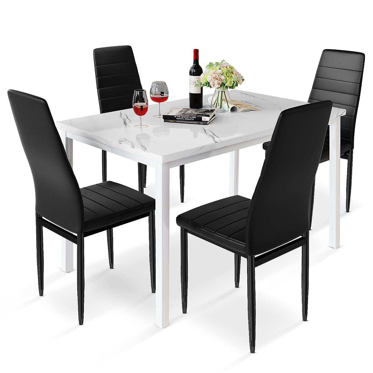 Recaceik Dining Room Table Set Modern Dining Table Set for 4 Kitchen Table and Chairs Faux Marble Dinner Table & 4 PU Leather Upholstered Chairs Dinning Table Sets for 4 Kitchen & Dining Room Sets