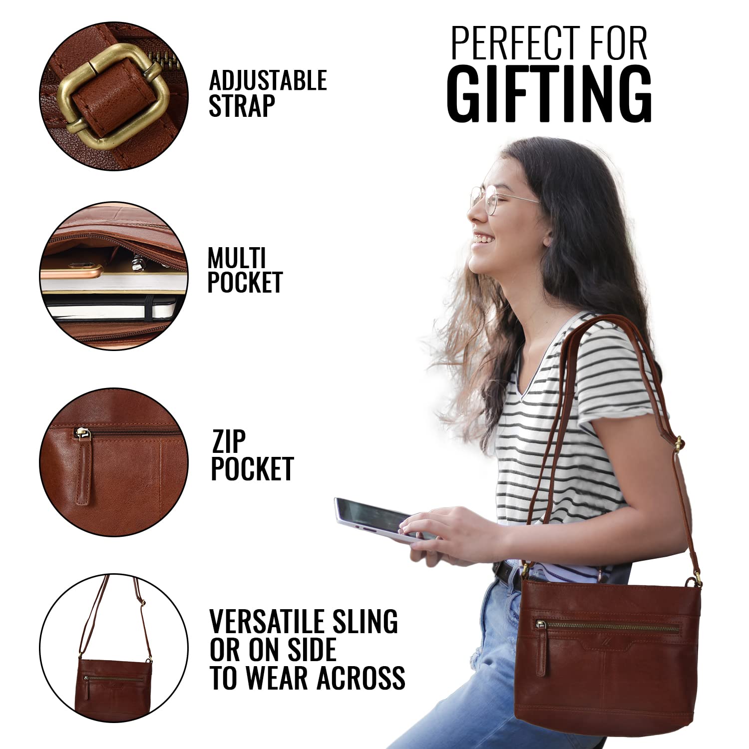 Zinda Genuine Leathers Women’s Handbag Bucket Bag Top Zip Shoulder Sling Crossbody (Brandy)