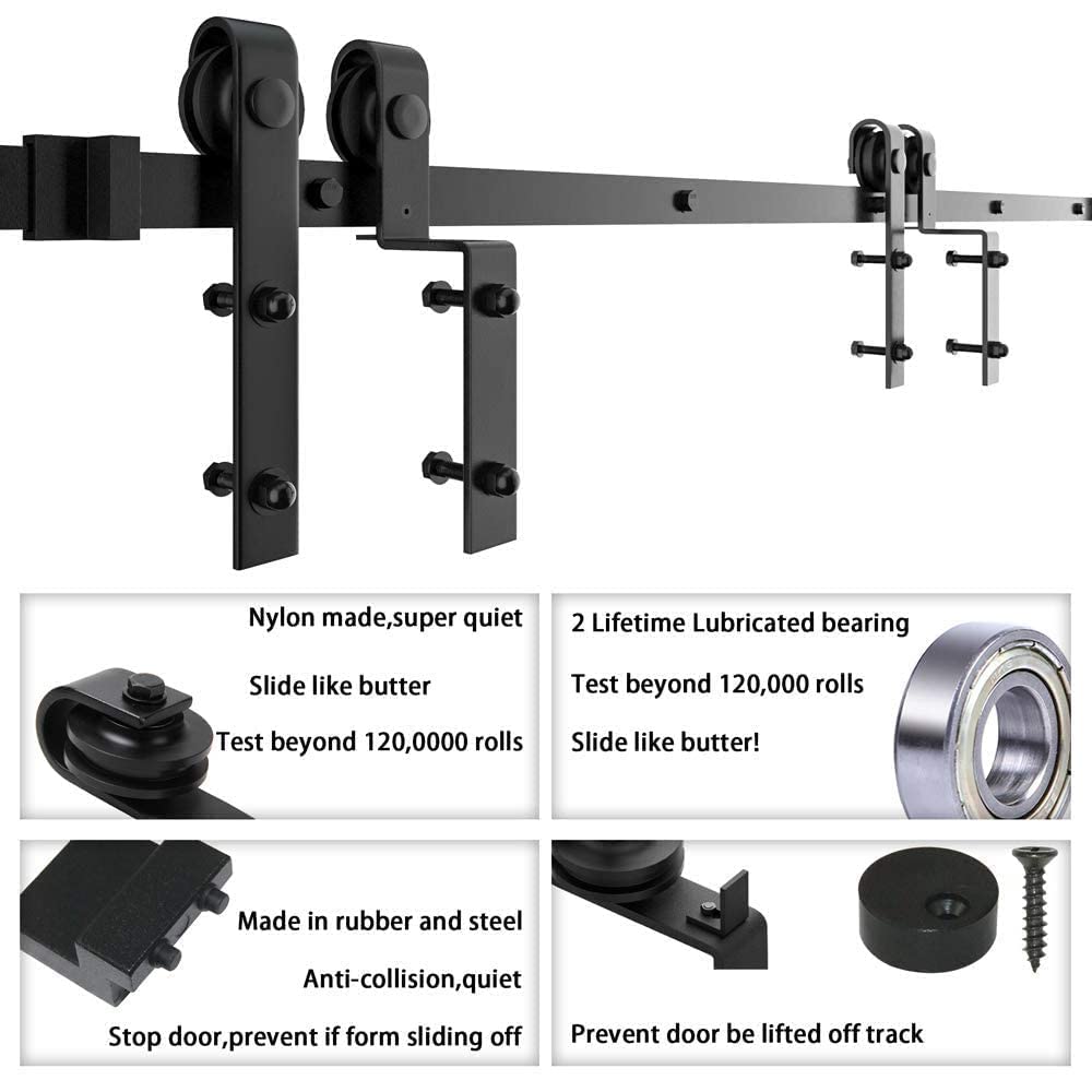 WINSOON 6FT Single Track Bypass Barn Door Hardware Double Doors Kit with 2PCS 12 Inch Sliding Barn Door Handles Black Hardware
