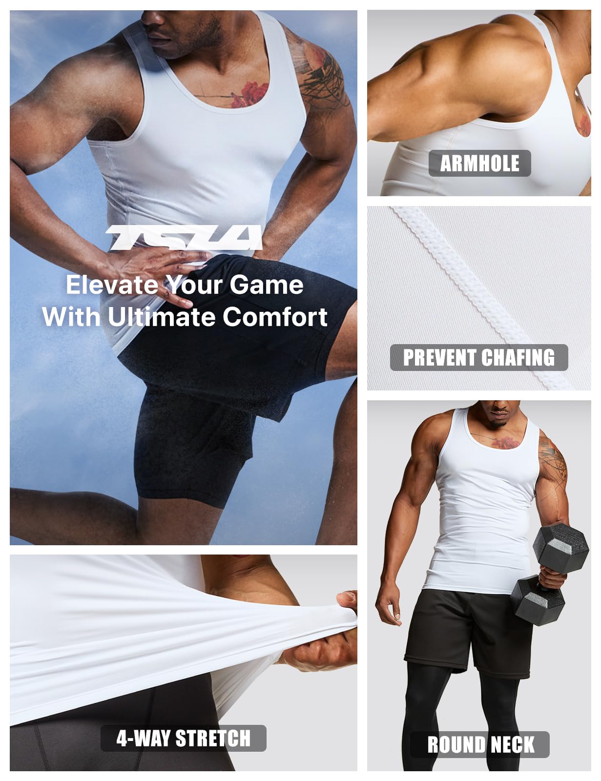 TSLA Men's Athletic Compression Sleeveless Tank Top, Cool Dry Sports Running Basketball Workout Base Layer, Active 3pack Tank Tops Black/Charcoal/Real White, Large