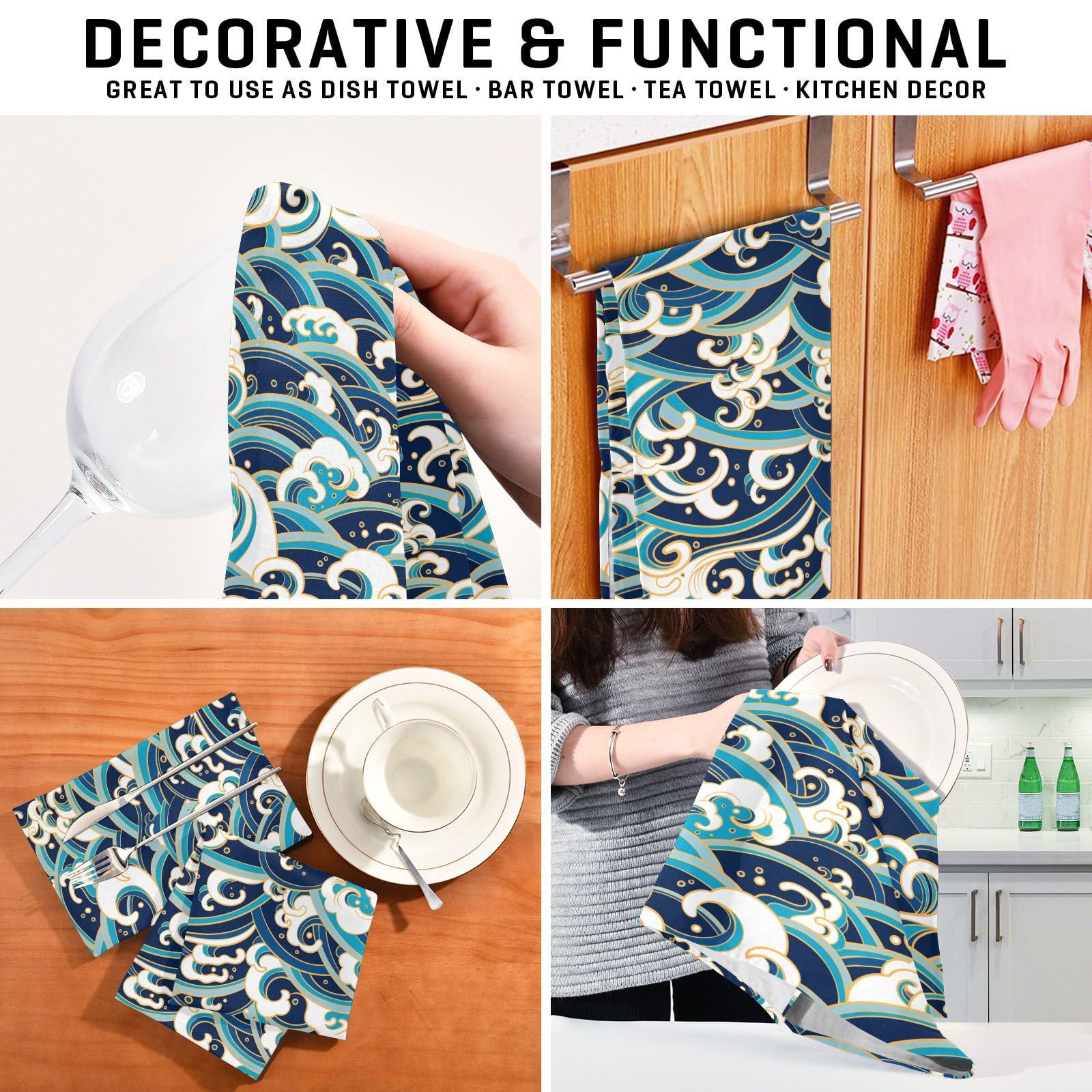 sletend Kitchen Towels or Tea Towels Japanese Style Sea Wave 28x18in Polyester Material Dish Towels or Dishcloths with Hanging Loop, Set of 1 Hand Towel for Dining Table Kitchen.