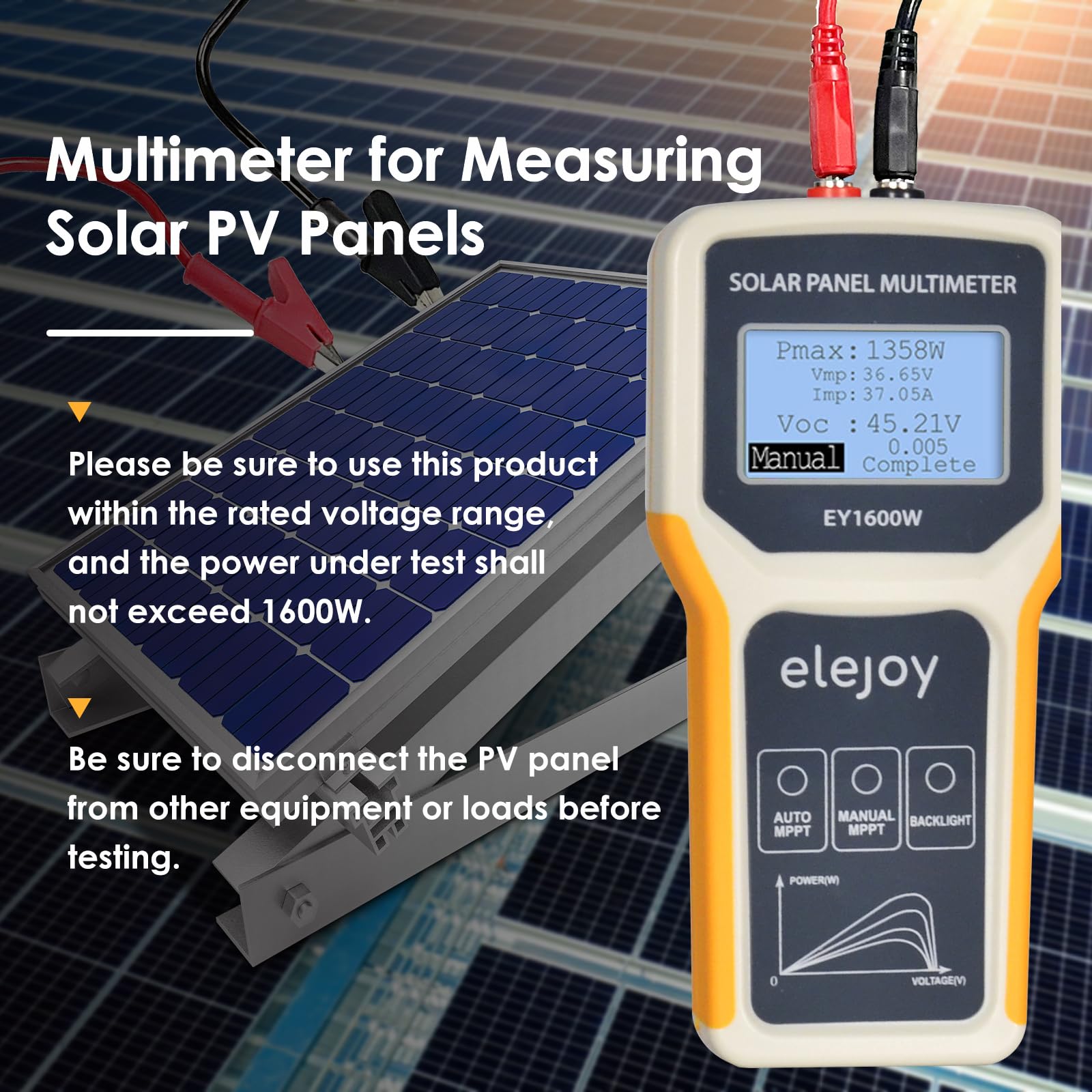 Solar Panel Tester, 1600W Photovoltaic Panel Multimeter Manual/Auto MPPT Tester with Backlight, Solar Panel Powered, LCD Multimeter for Measuring The MAX Power of Photovoltaic Panels, Voltage Tester