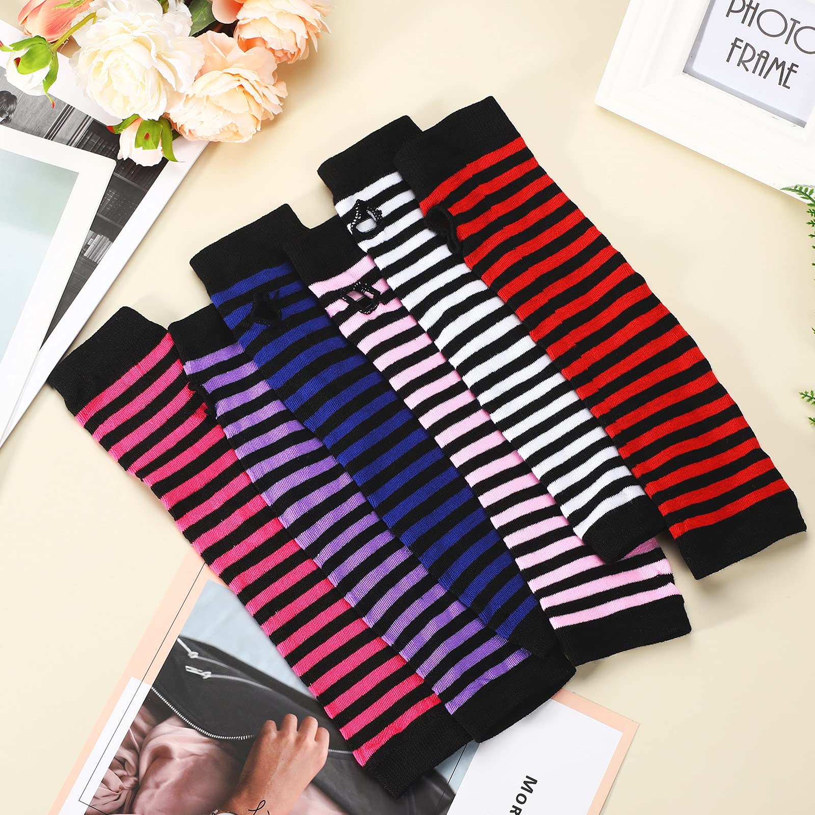 SATINIOR 6 Pairs Long Fingerless Gloves for Women Knit Thigh High Striped Arm Warmer Thumb Hole Stretchy Gloves(Bright Color)