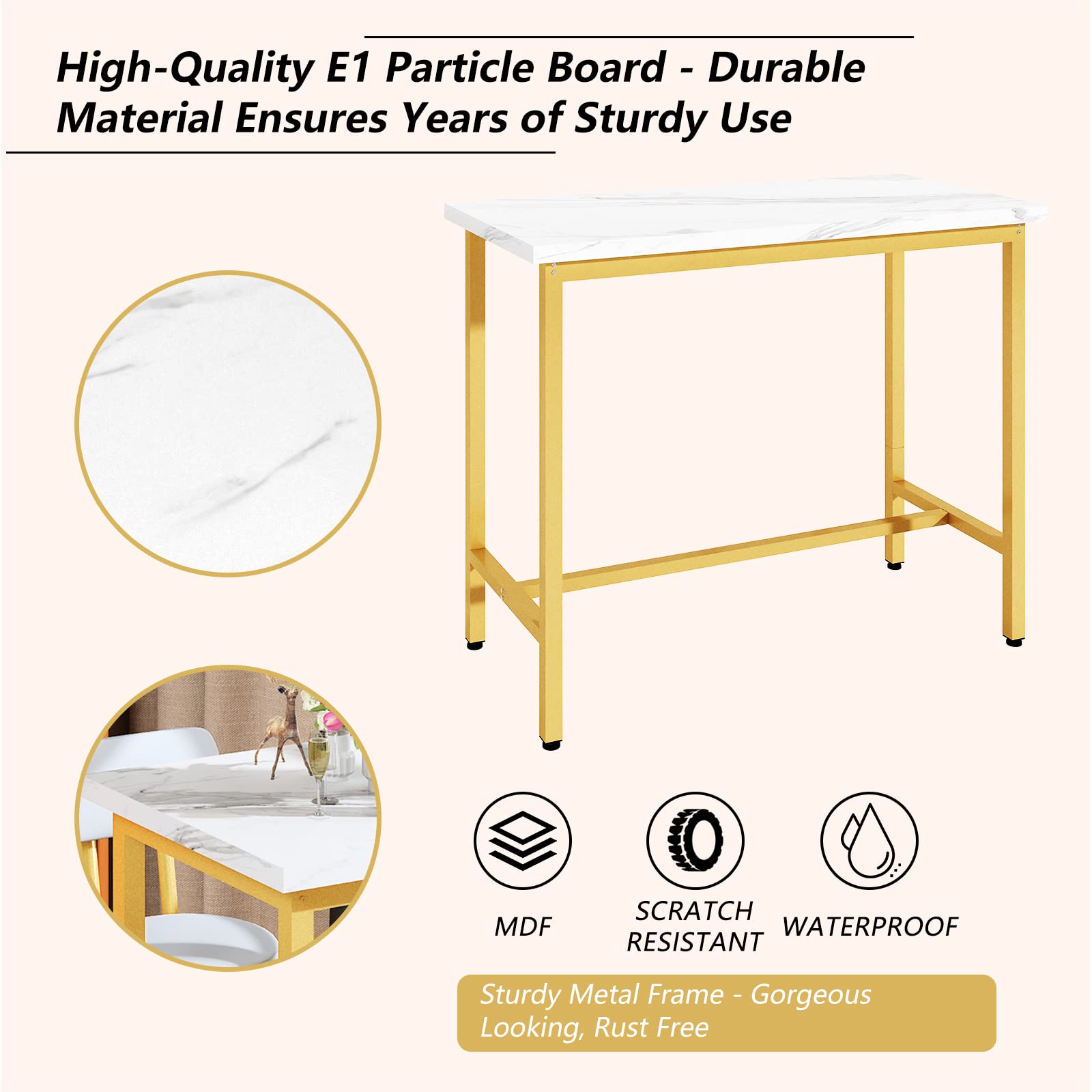 Recaceik Dining Table Set, 43.3β Rectangle Pub Bistro Dining Set Kitchen Table Set Bar Table with Backrest Stools, 5-Piece Breakfast Table Set with Metal Frame for Dining Room w/ 4 Chairs-Gold
