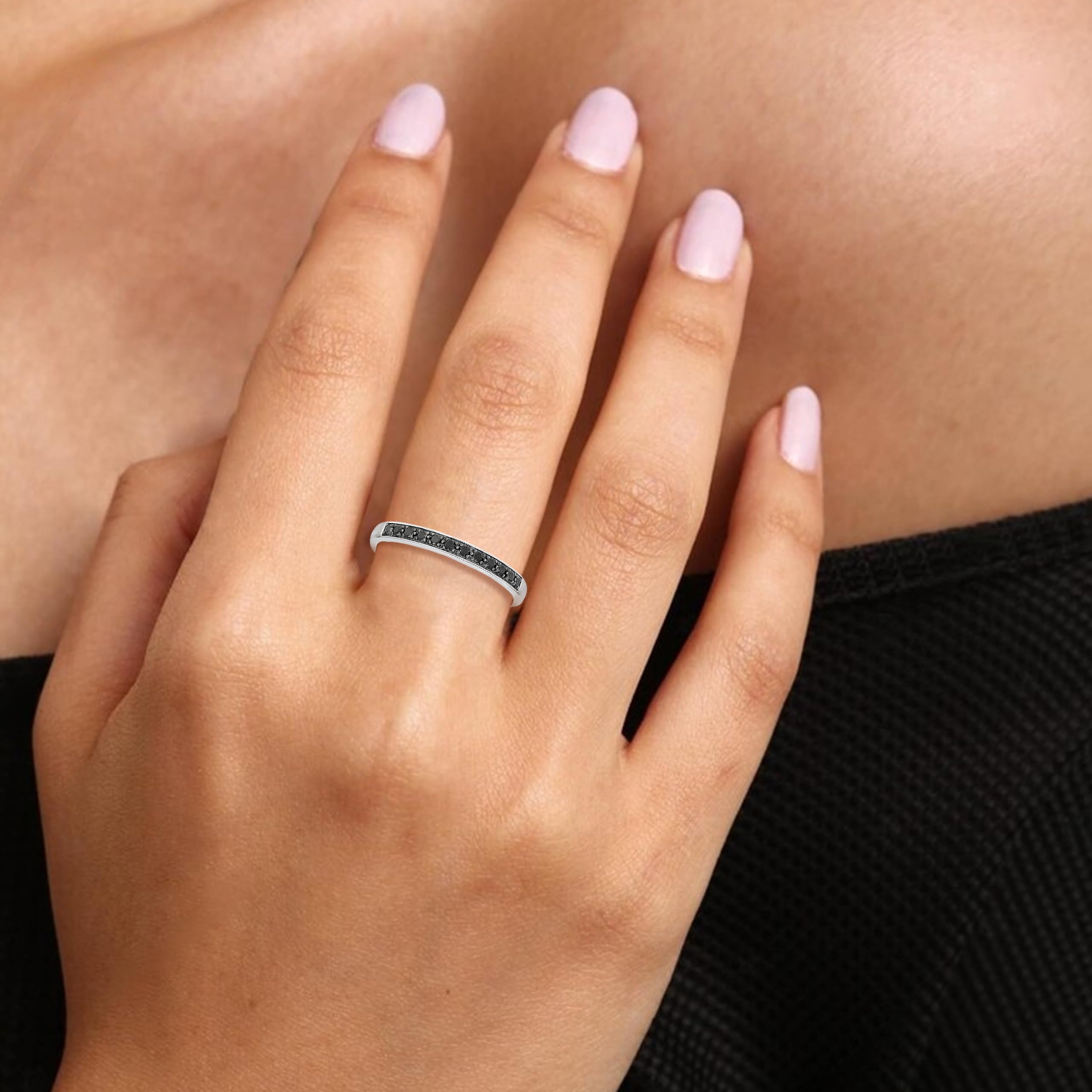 Vir Jewels 1/5 cttw Black Diamond Wedding Band in .925 Sterling Silver with Milgrain Size 8