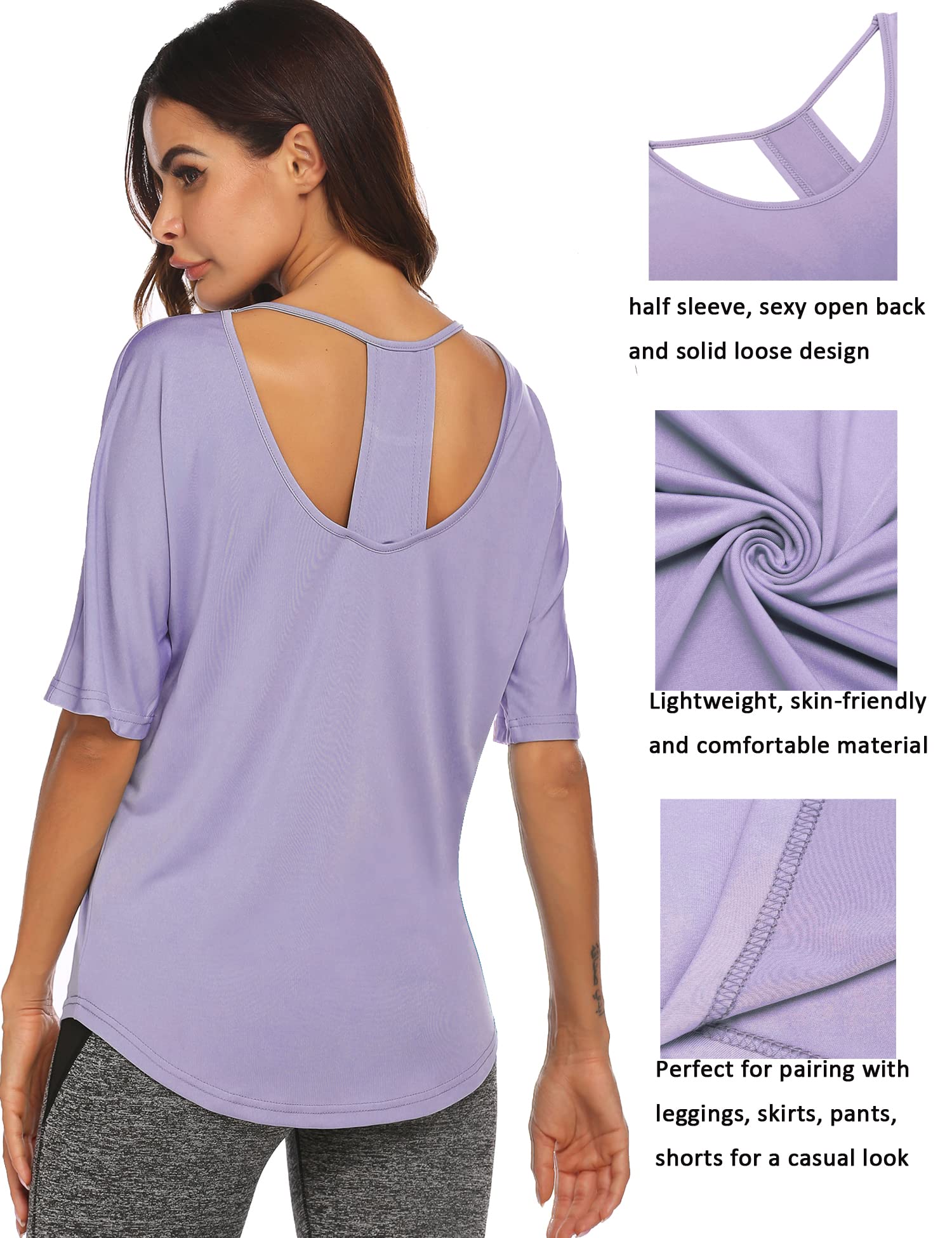 Yoga Tops for Women Open Back Workout Tops Short Sleeve Backless Cute Quick Dry Sport Shirts Lilac XL