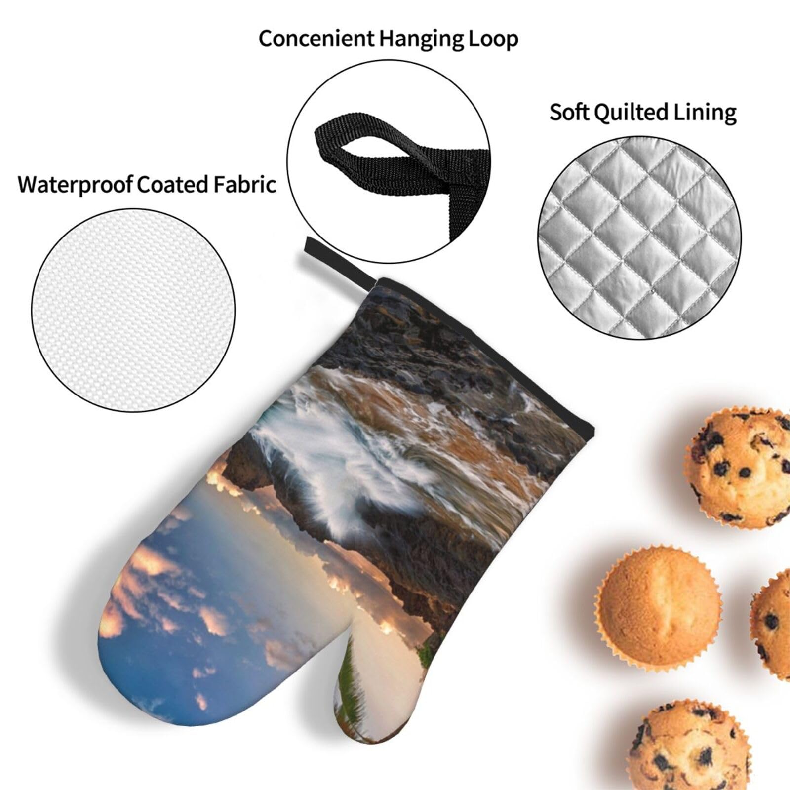 Palm Trees Clouds Tropical Coast Printed Oven Mitt and Pot Holders Set of 3 Non-Slip Cooking Gloves Heat Resistant Hot Pads for Kitchen BBQ Baking