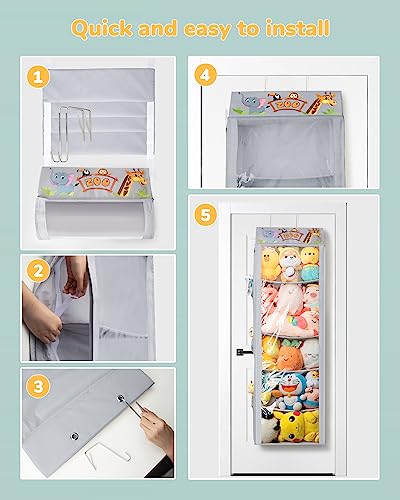 Over the Door Stuffed Animal Storage, Yarn Organizer with Zipper, 4 Adjustable Partitions Hanging Storage Dustproof Design for Nursery, Bedroom, Bathroom, Kids Room (One Only)