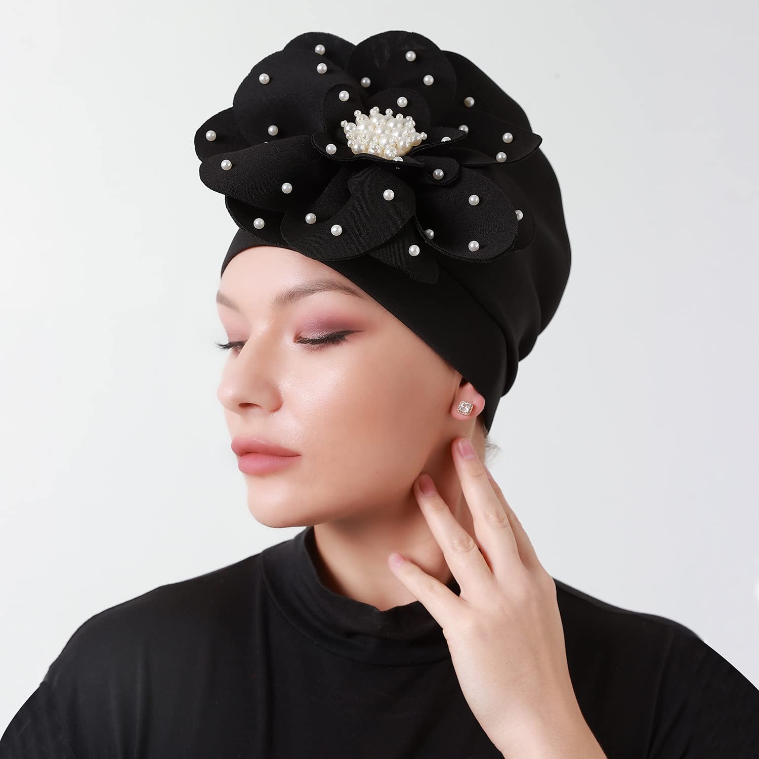 Urieo Pearl Head Wrap Hat African Beanie Headwrap Women Turban Flower Caps