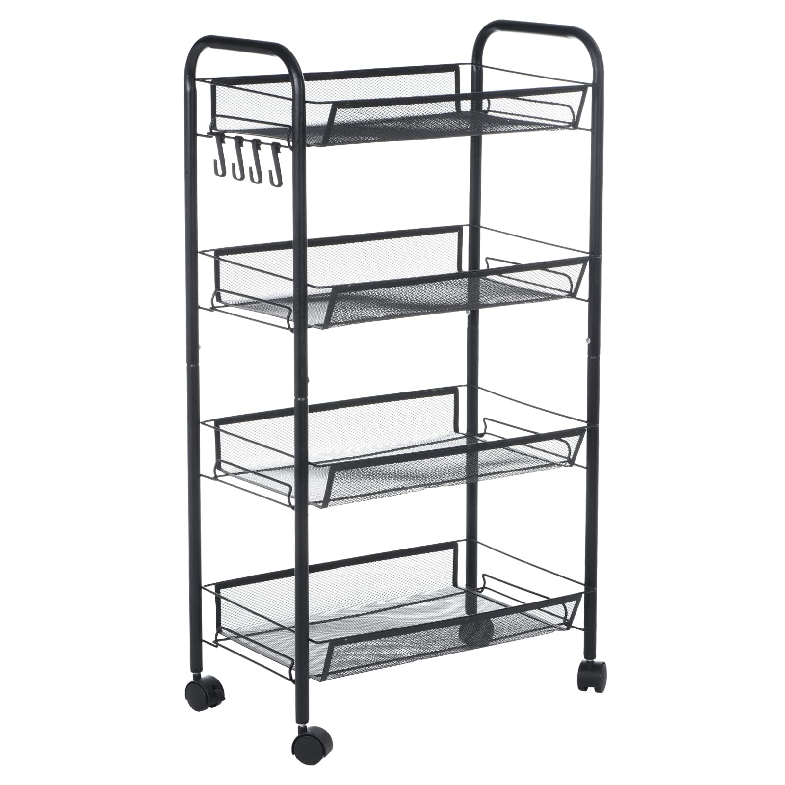 PATIKIL 4 Tier Rolling Cart, Metal Mesh Trolley Utility Storage Organizer Cart with Hooks Wheels for Bathroom Office, Black