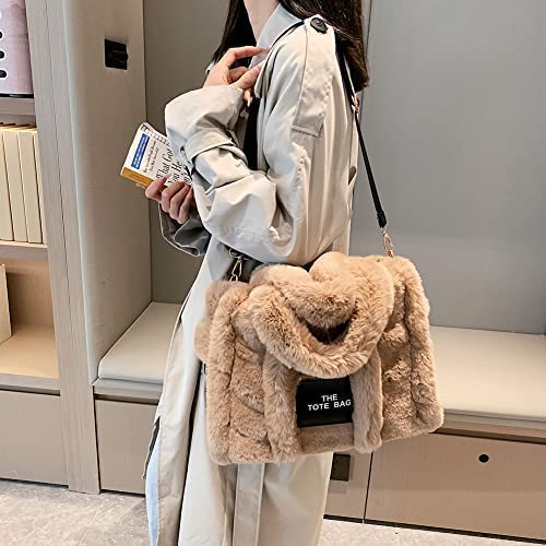 Women’s - The Tote Bag - Fluffy Shoulder Bag, Soft Faux Fur Crossbody Handbag, Trendy Plush Design, Medium Size (KHAKI)