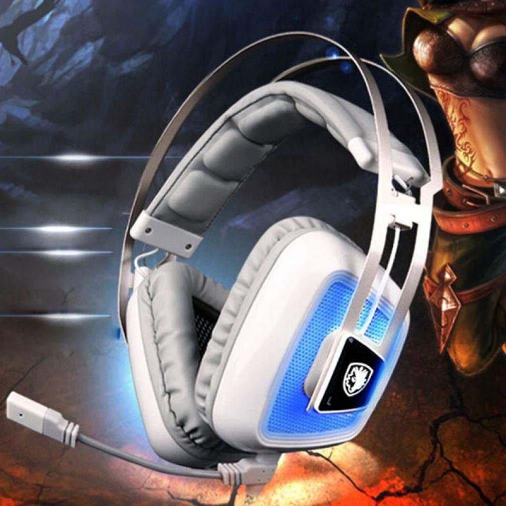 SADES A8S USB Gaming Headset 7.1 Channel Virtual Surround Stereo Wired PC Gaming Headset Over Ear Headphones with Mic Revolution Volume Control Noise Canceling LED Light (White)