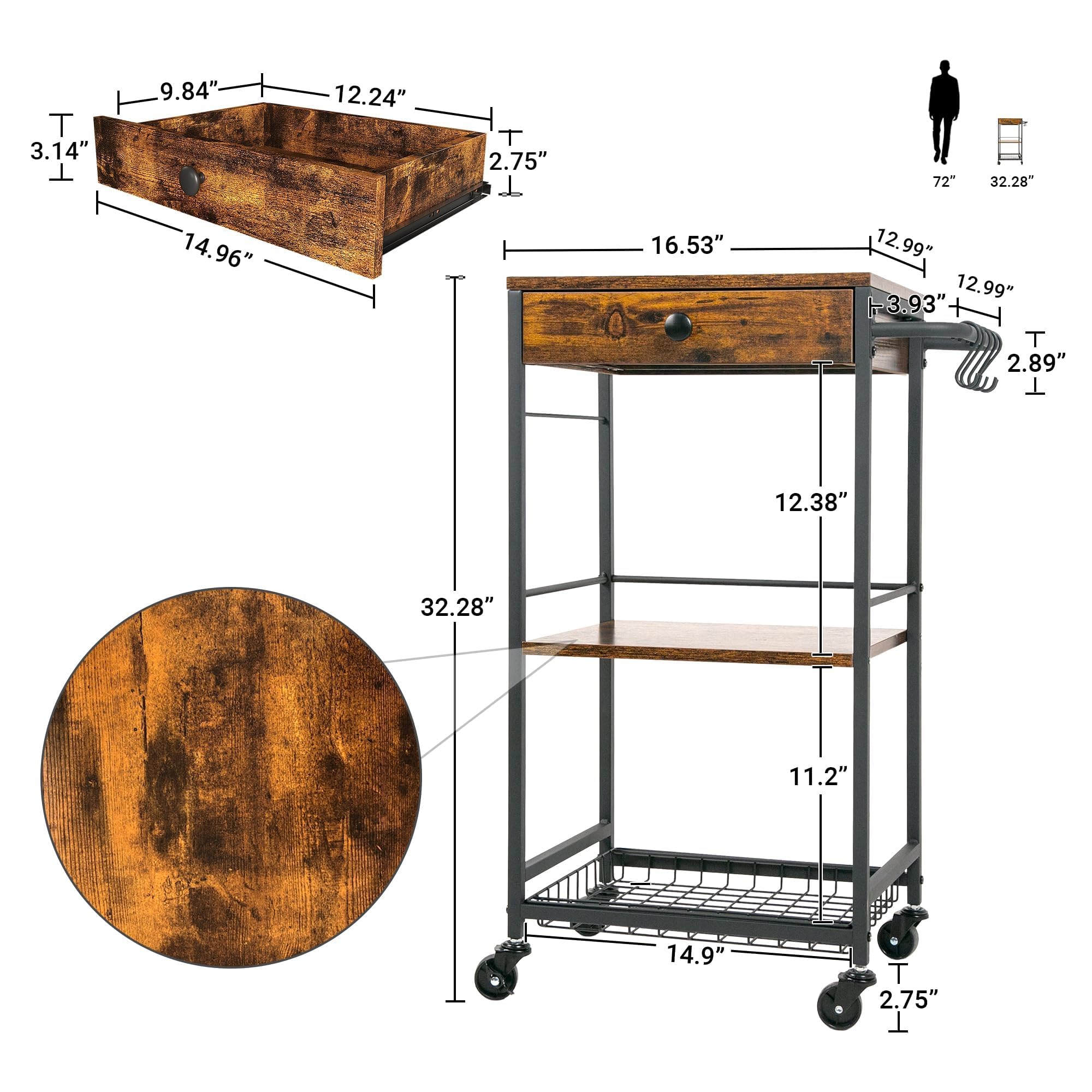 ODIKA Rustic Cabin Wooden Coffee Cart - Rolling Kitchen Island with Microwave Stand on Wheels, Spacious Storage Drawer - Perfect for Compact Homes & Small Apartments