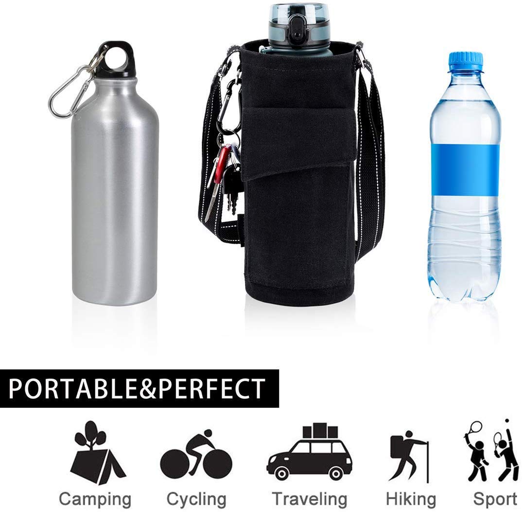 POPRUN Water Bottle Holder for Walking, 50oz Water Bottle Carrier Pouch Bag with Adjustable Shoulder/Hand Strap 2 Pockets for Biking/Hiking/Travel/Camping, Black