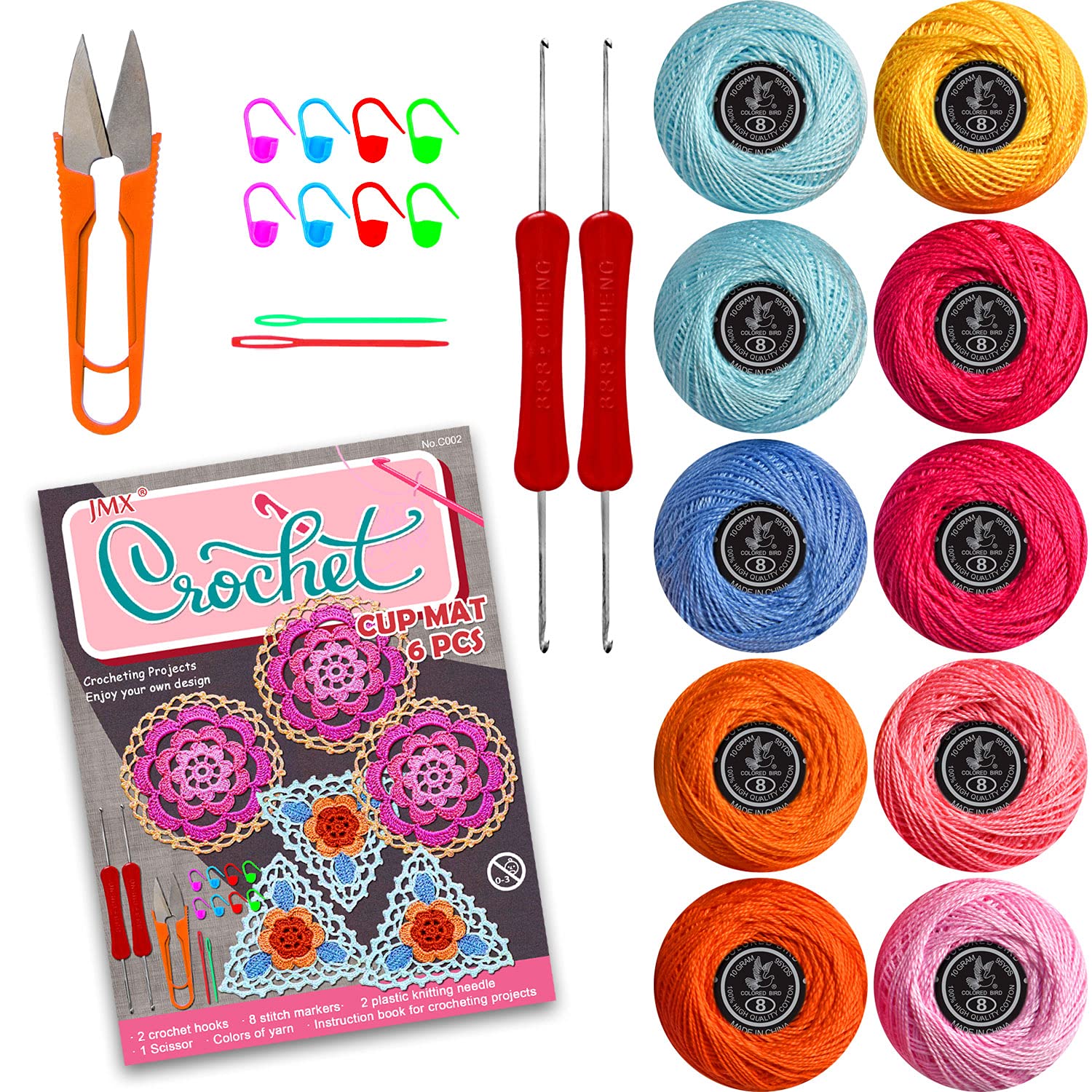 QCZKB Crochet Kits 10 Cotton Crochet Yarn Includes 2 Crochet Hooks, 2 Weaving Needles, Instruction Book, 8knitting Stitch Markers|Perfect 6 Coaster Beginner Kit