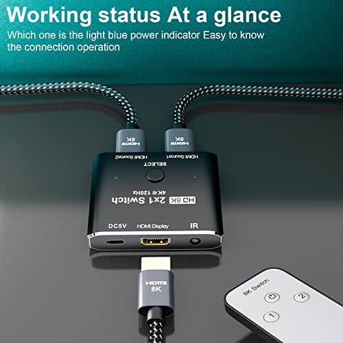 YIWENTEC HDMI 2.1 8K Switch Directional 2in 1out with Remote Control 8K@60Hz 4K@120Hz Converter High Speed 48Gbps Compatible with Xbox PS5 Projectors Monitors