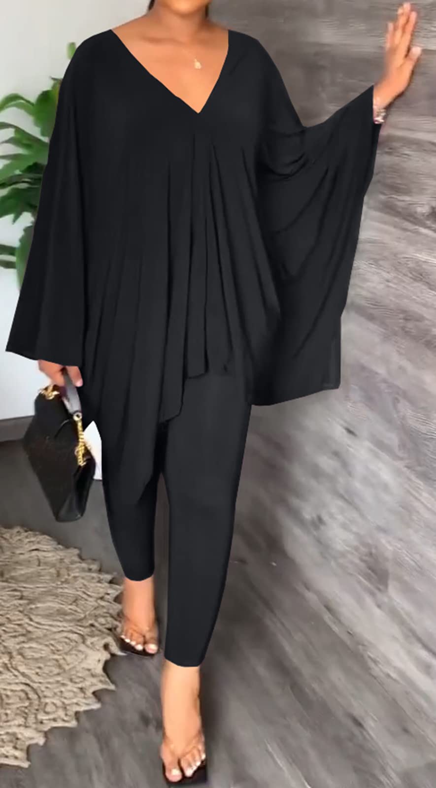 Women’s Casual 2 Piece Outfits Solid V Neck Batwing Sleeve Asymmetric Top Tracksuits Set Bodycon Long Pants 2 Piece Loungewear Black Medium