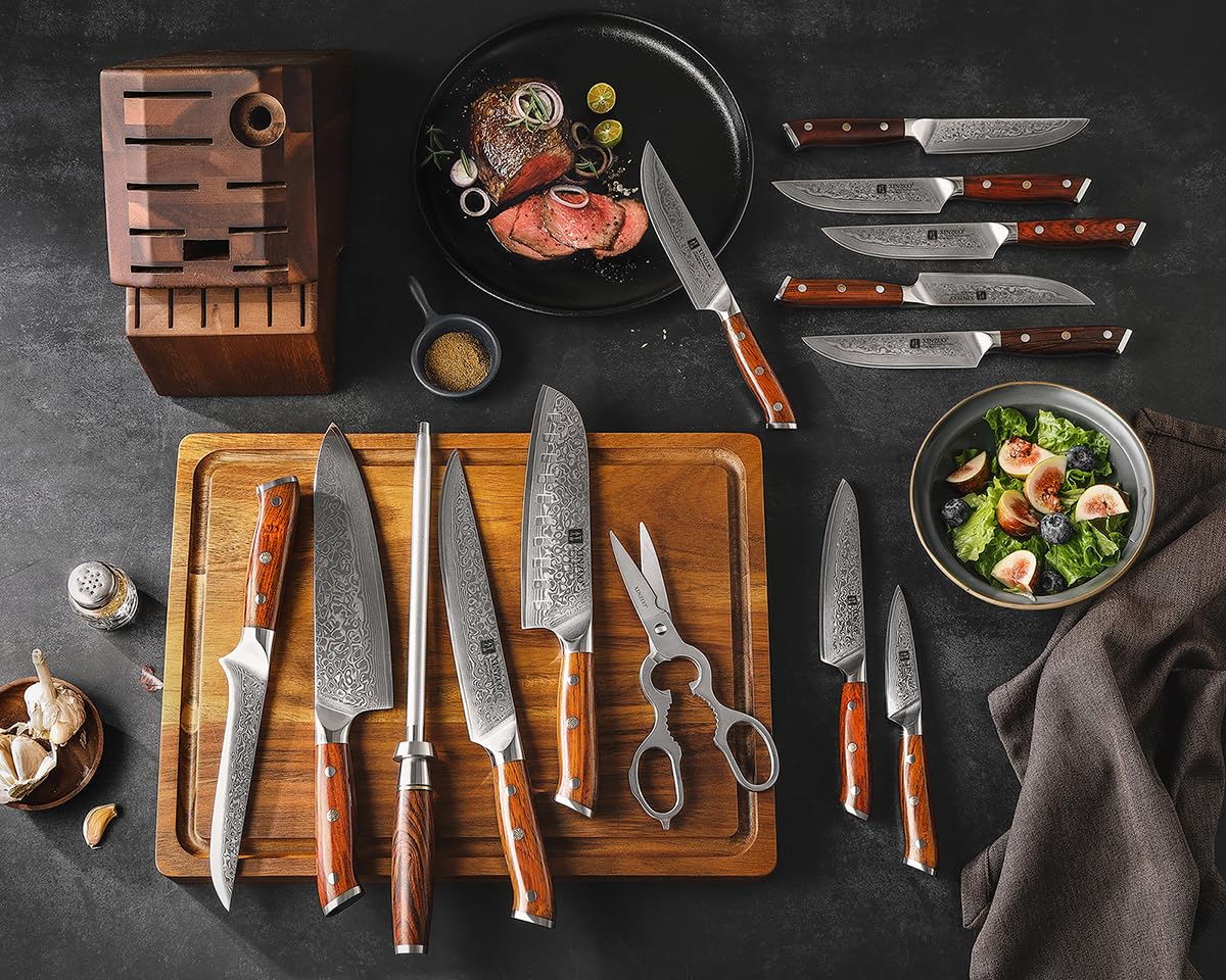 XINZUO Damascus Steel 15Pcs Kitchen Knife Block Set with Honing Steel and Kitchen Shears, Sharp Forged Cooking Knife Set -Chef Santoku Slicing Boning Utility Paring Knife and 6Pcs Steak Knife Set