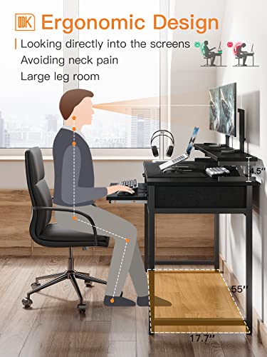 ODK Computer Desk Study Table, 55 Inch Office Desk with Drawers and Keyboard Tray, Study Desk Work Desk with Monitor Shelf, Writing Desk with Storage for Home Office, Black