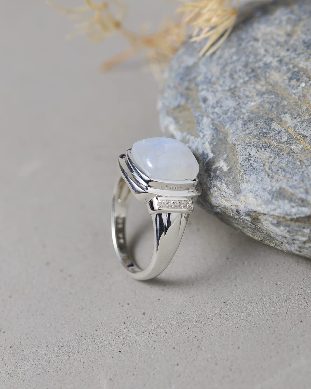 YoTreasure 2.63 Ct. Moonstone White Zircon Solid 925 Sterling Silver Gemstone Ring Jewelry