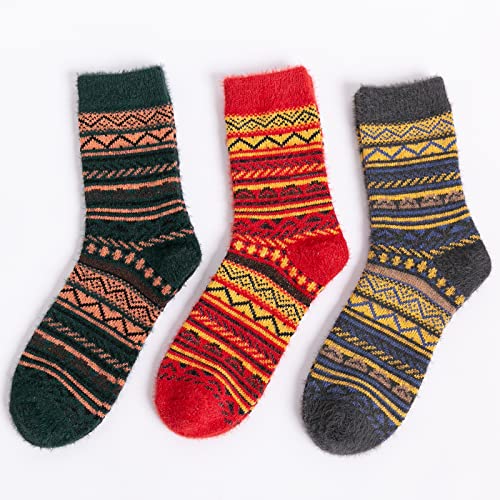 TSoduce Winter Wool Socks for Women Vintage Warm Thick Cozy Rabbit Wool Thermal Boot Crew Hiking Ladies Socks Pack 3 Pairs (Group A)