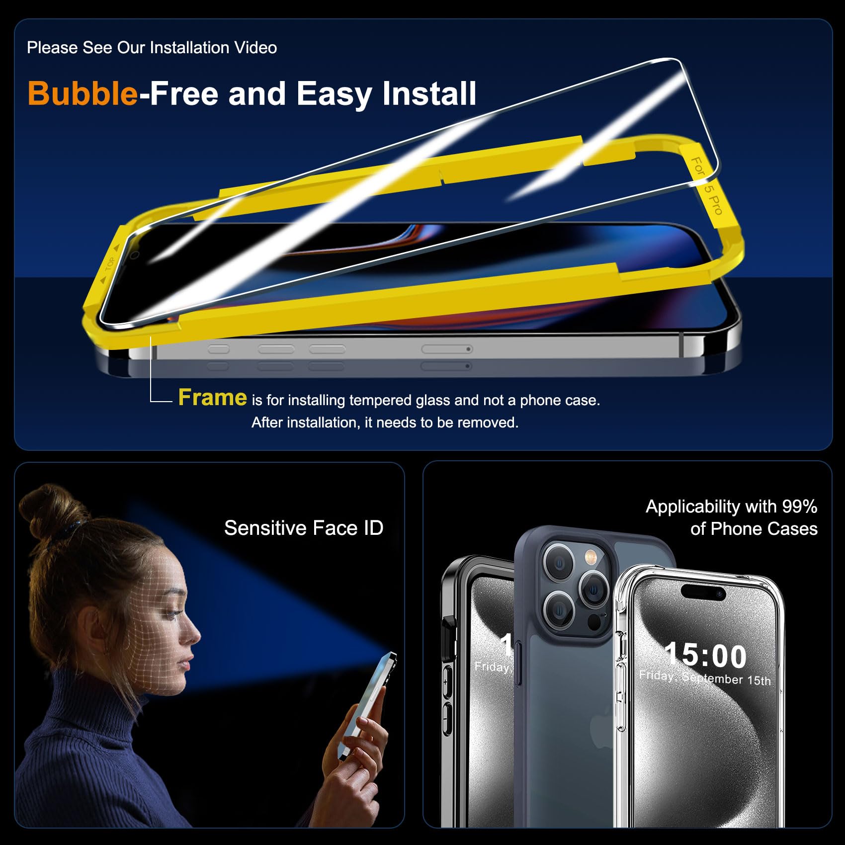 QHOHQ 3 Pack Screen Protector for iPhone 15 Pro [6.1 Inch] with 3 Pack Camera Lens Protector, Tempered Glass Film, HD Clear, 9H Hardness, No Bubbles, Case Friendly