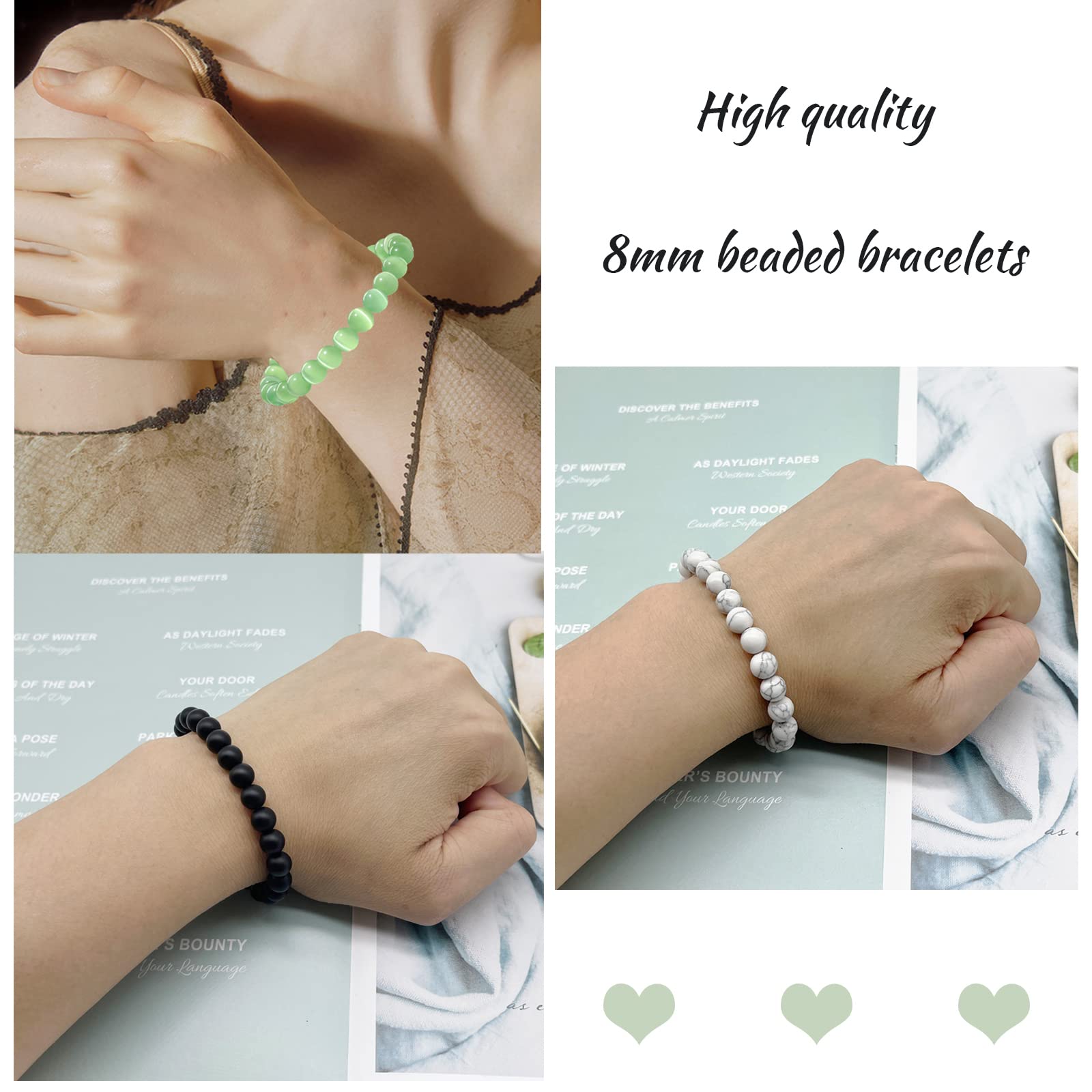 SROBENZ 14 Pcs 8mm Gemstone Beaded Bracelets for Men Women Stone Healing Bead Semi-Precious Stretch Round Bead Crystal Bracelets Unisex