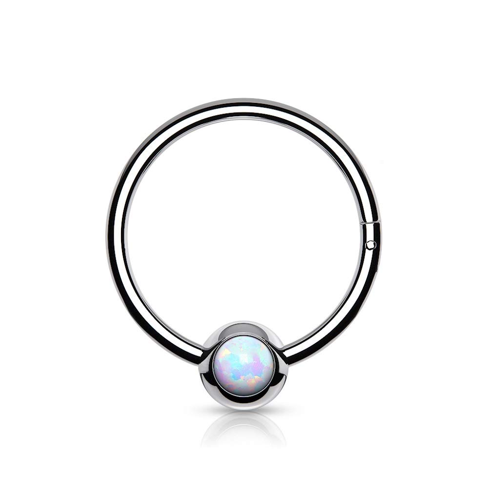 Pierced Owl 18GA Stainless Steel Synthetic Opal Ball Cartilage Helix Daith Septum Hinged Segment Ring (Silver Tone/White, 10mm Diameter)