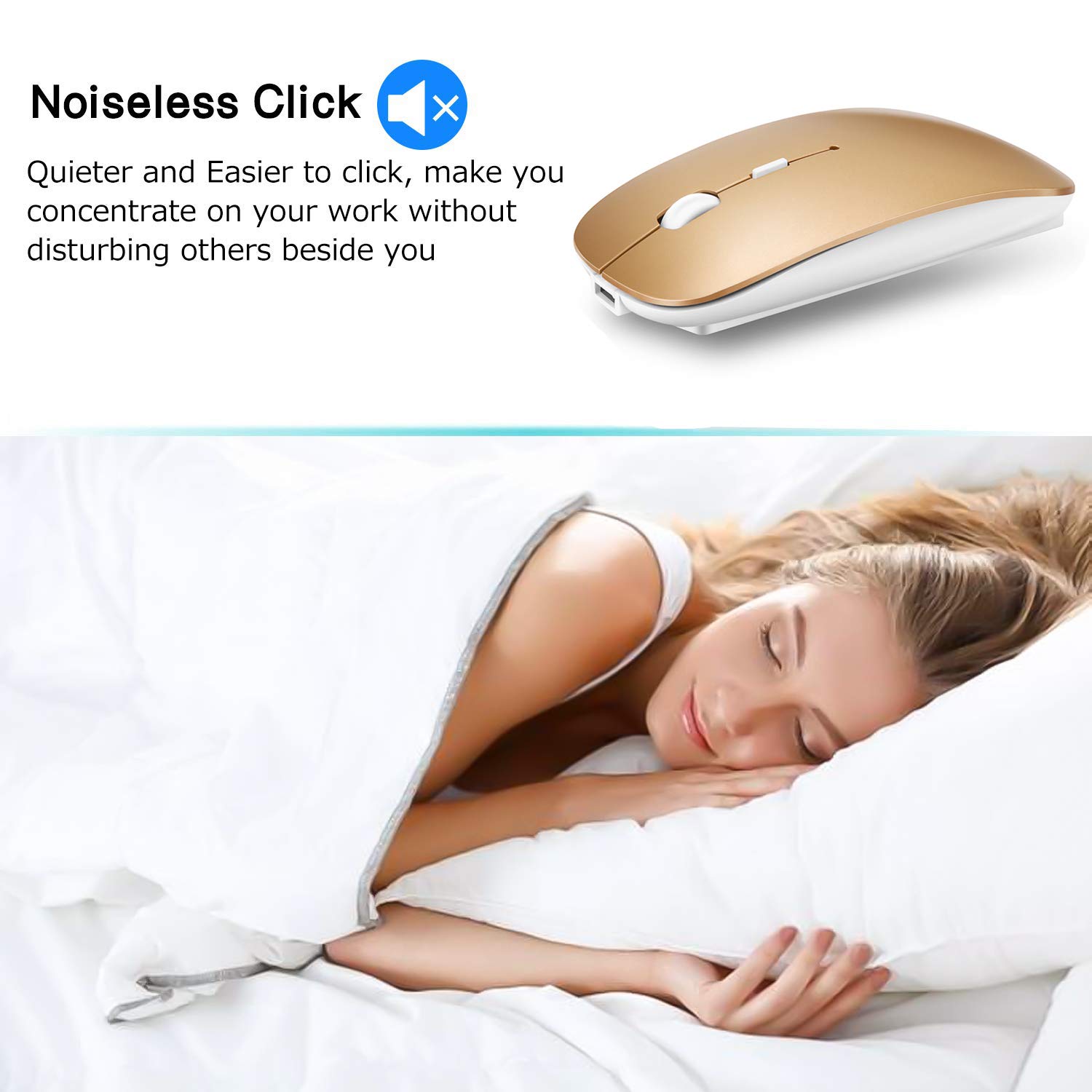 QIJIAYI 2.4GHz Wireless Bluetooth Mouse, Dual Mode Slim Rechargeable Wireless Mouse Silent USB Mice, 3 Adjustable DPI,Compatible for Laptop Windows MacBook Android MAC PC Computer (Gold)