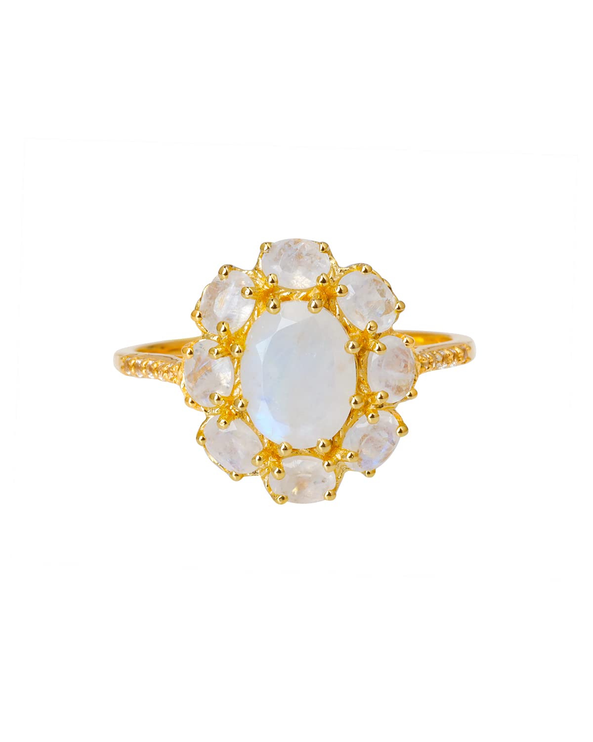 YoTreasure 7x9 MM Rainbow Moonstone & White Topaz 14k Gold Over 925 Silver Ring
