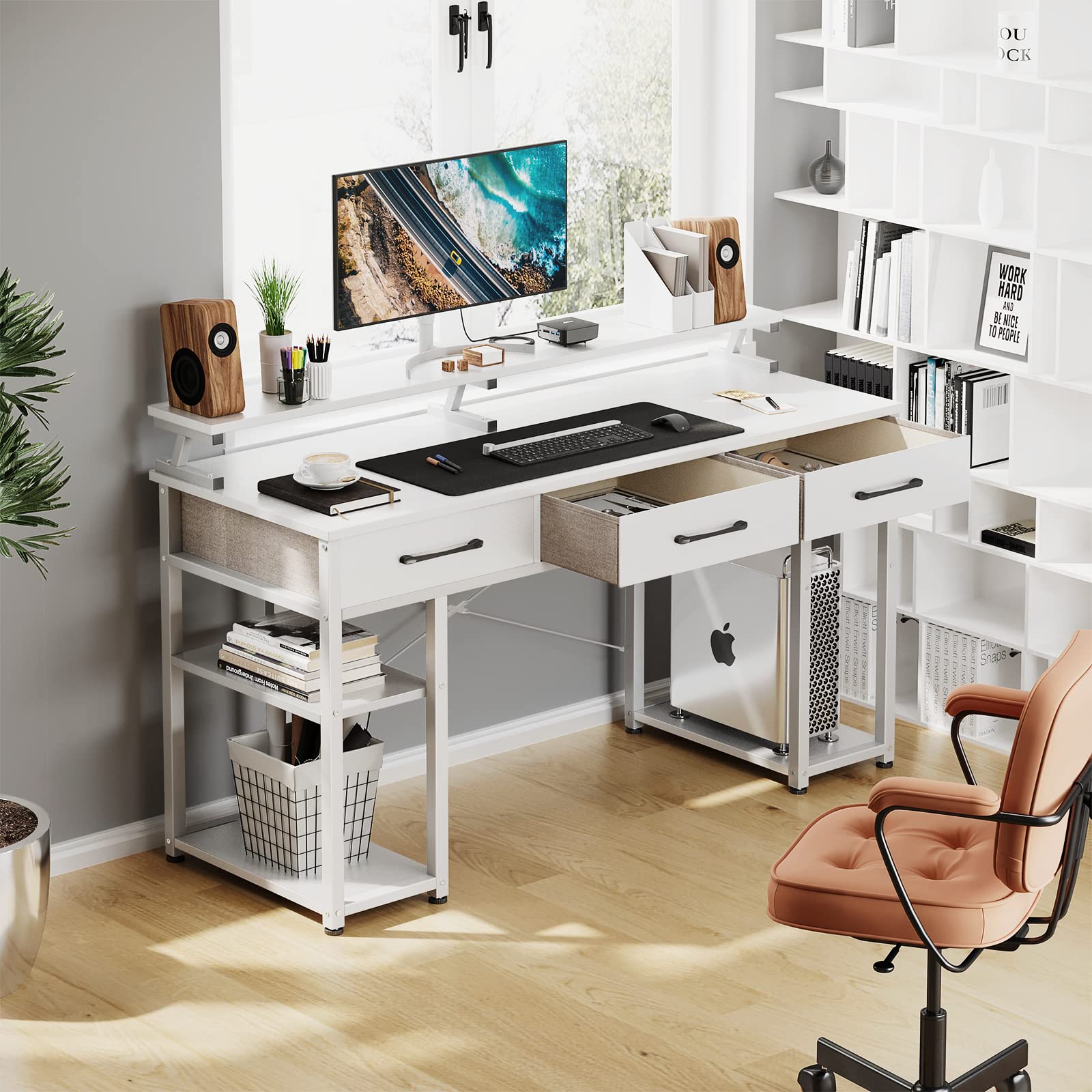 ODK Computer Desk with Drawers and Storage Shelves, 48 inch Home Office Desk with Monitor Stand, Modern Work Study Writing Table Desk for Small Spaces, White